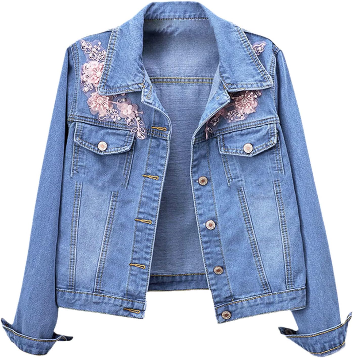 Amazon.com: Kelsiop Spring Plum Flower Embroidered Cotton Collar Denim ...