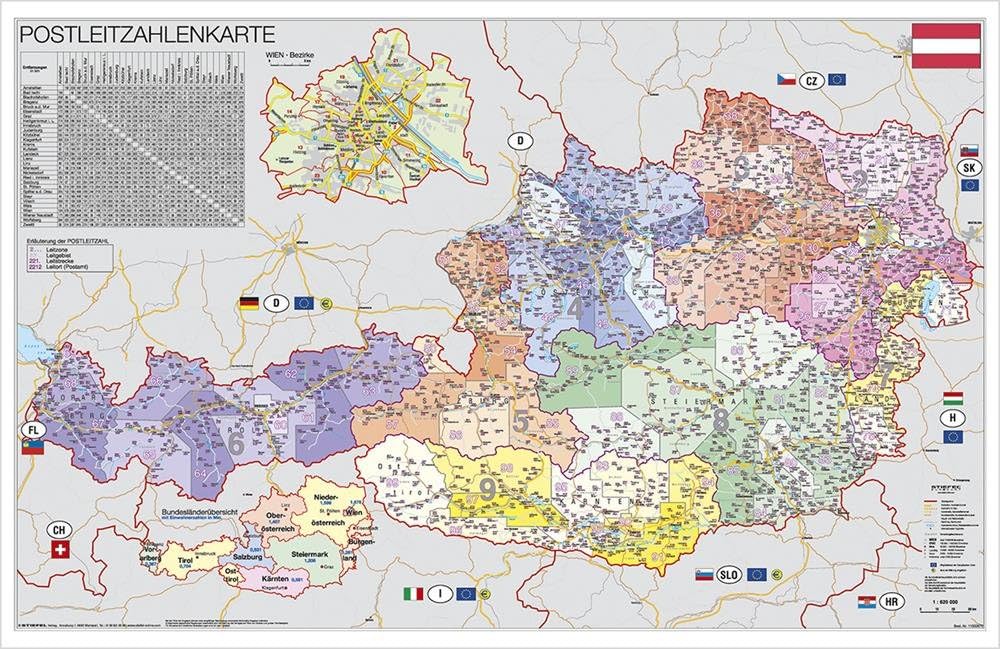 Amazon.de: Postleitzahlenkarte Österreich Postleitzahlen, 95 x 62 cm ...