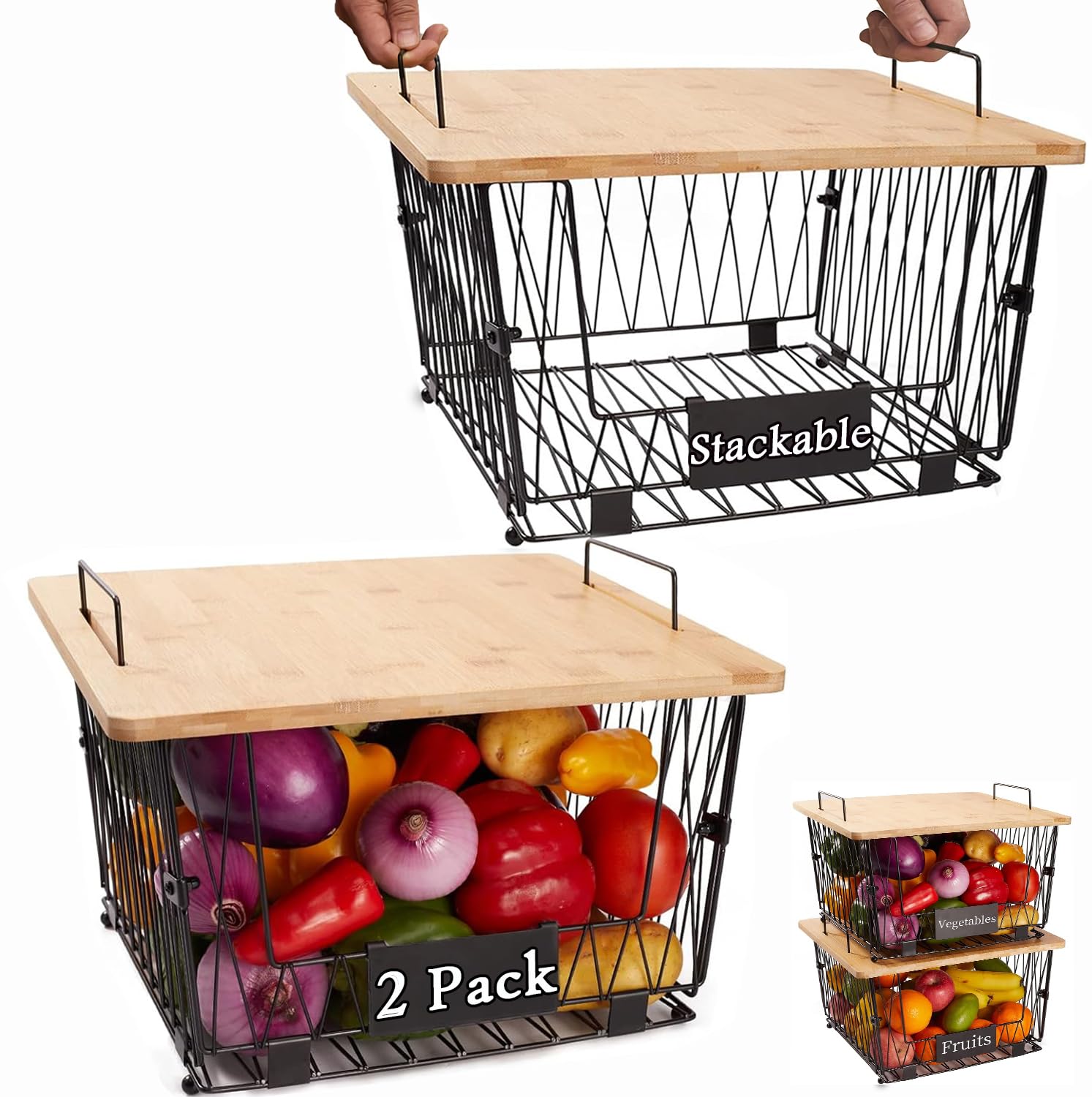 2 Pack Stackable Wire Storage Baskets with Wood Lid- Kitchen Countertop ...