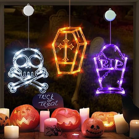 Amazon.com: Retisee 3 Pcs Halloween Window Lights Orange Pumpkin White Ghost Purple Bat ...