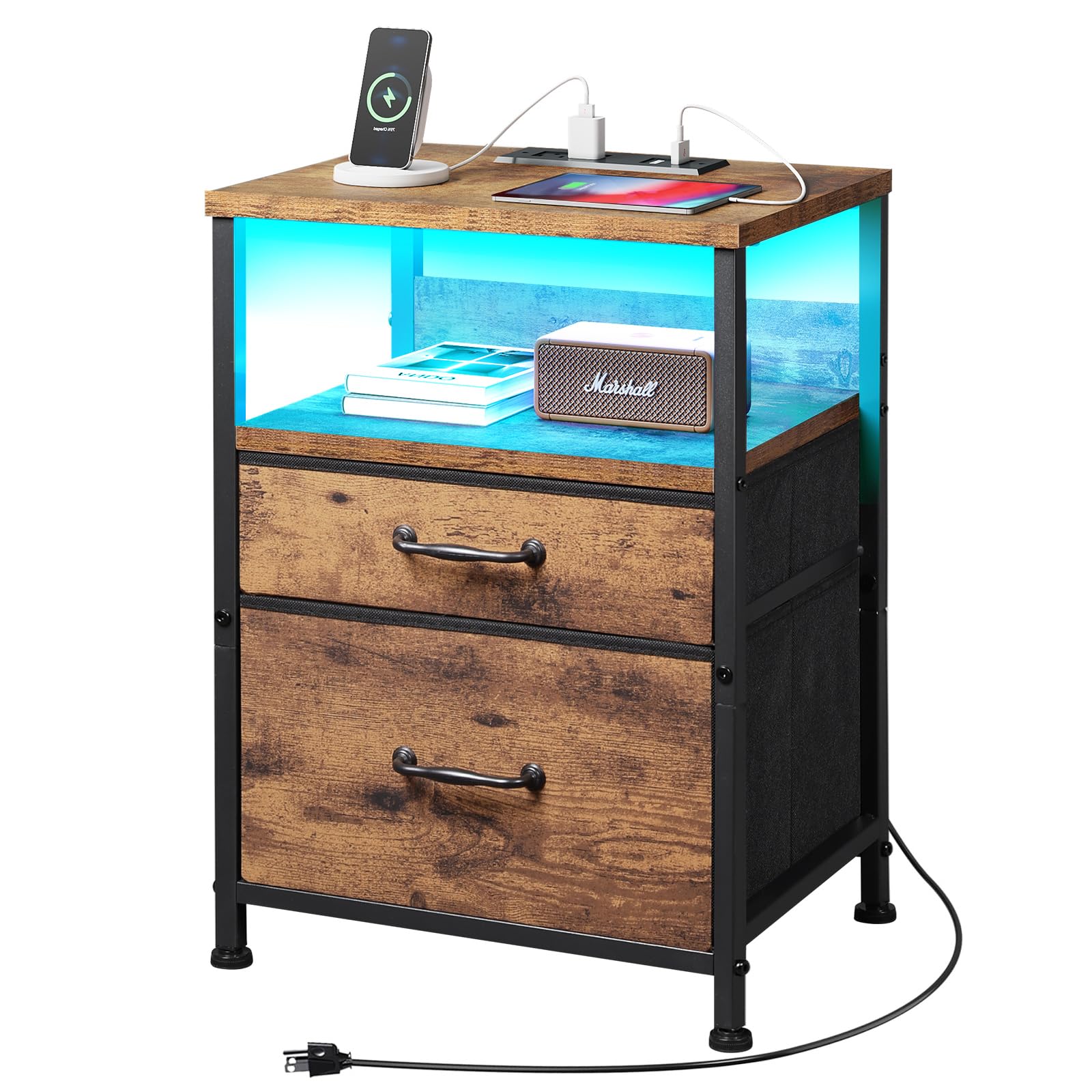 Nightstand with Charging Station, LED Night Stand with 2 Fabric Drawers ...