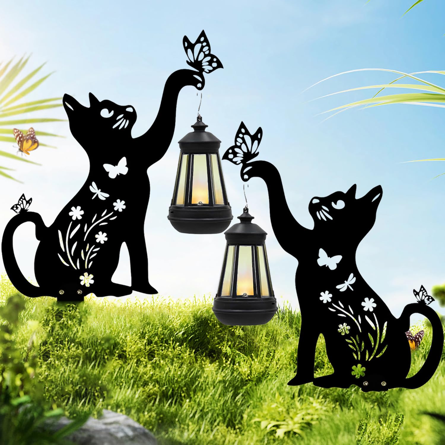 Amazon.com: Metal Cat Solar Lights Outdoor Garden(2 PCS), Black Cat ...