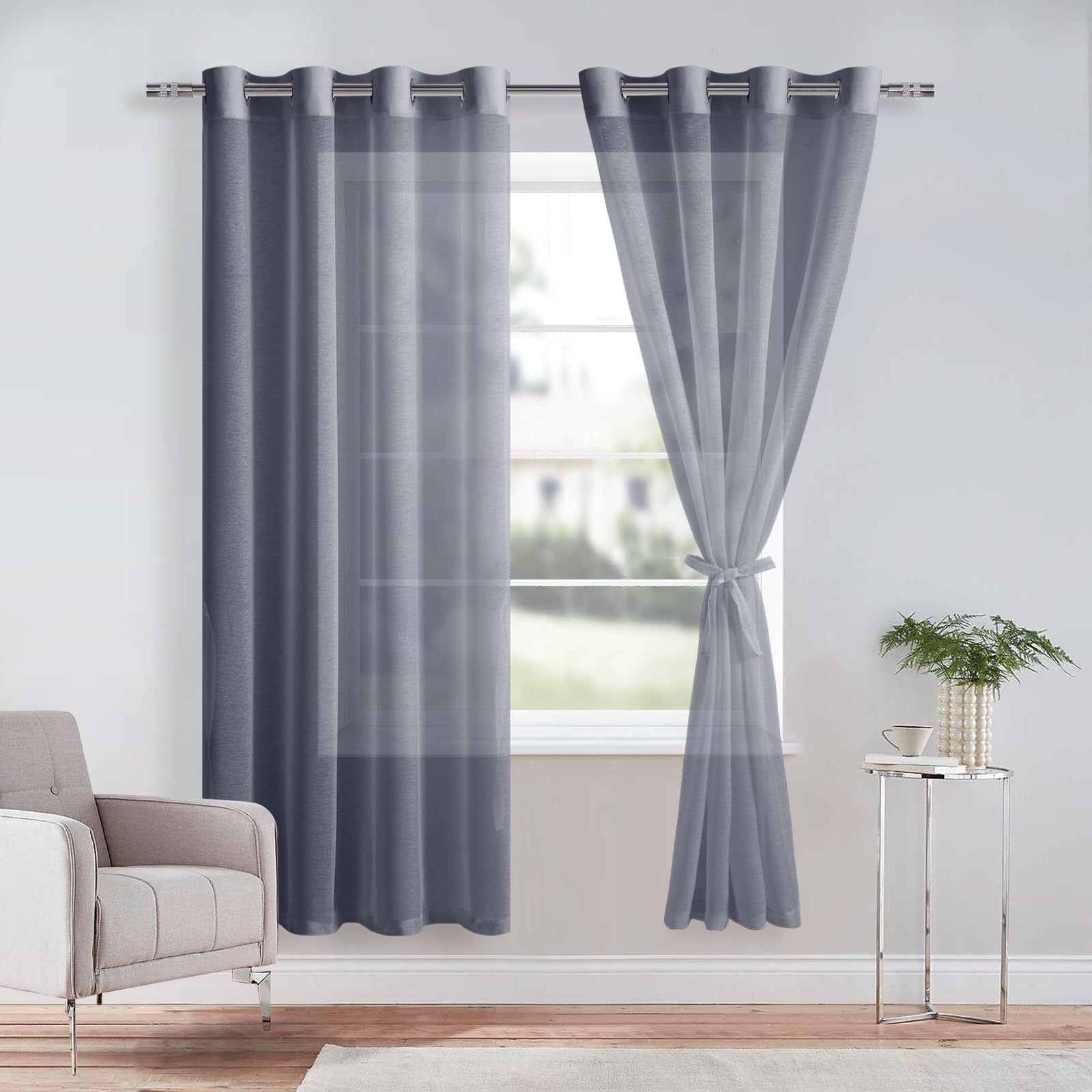 DWCN Dark Grey Sheer Curtains with Tiebacks Semi Transparent Voile ...