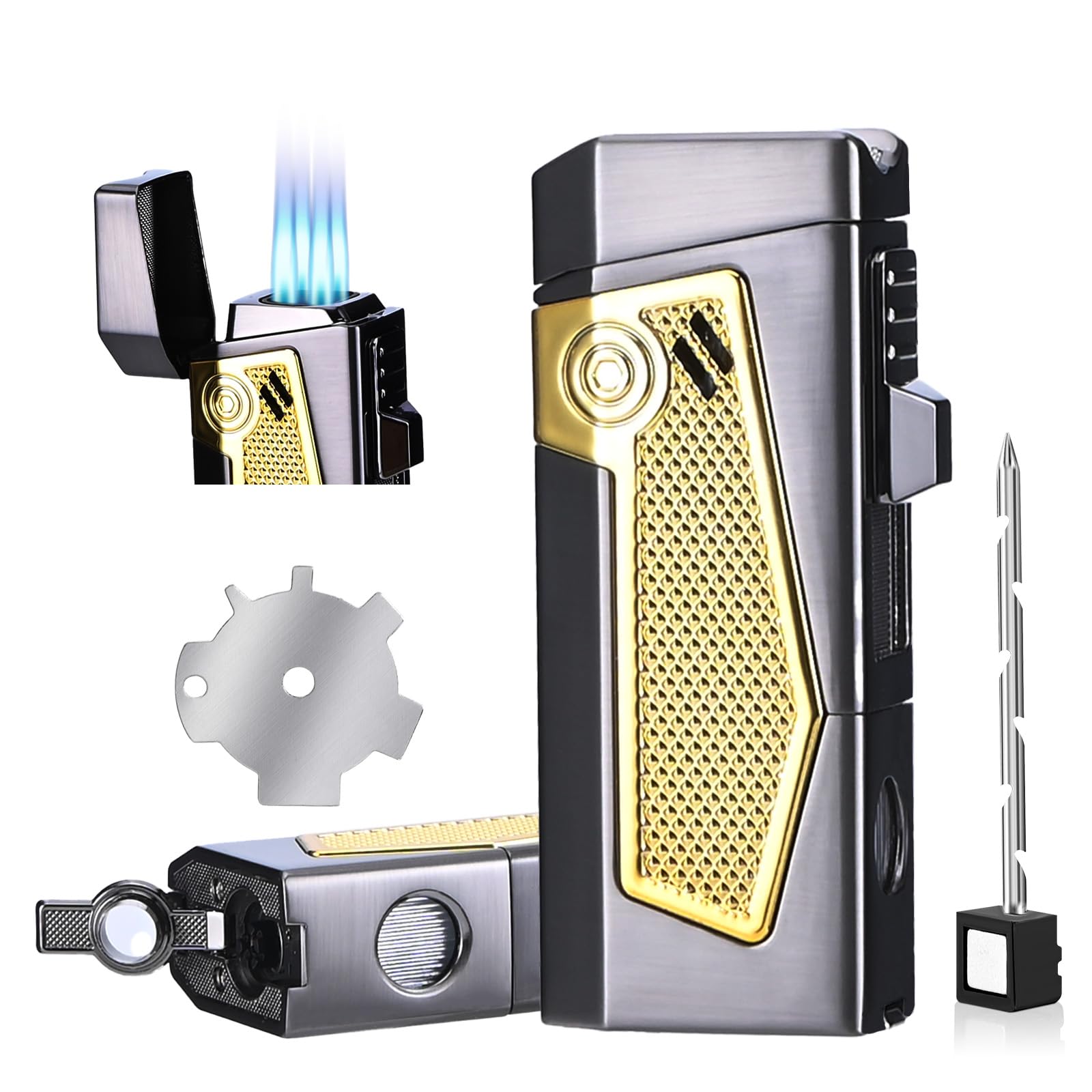 Amazon.com: Reetsing 4 Torch Jet Flame Lighter with Punch & Holder ...
