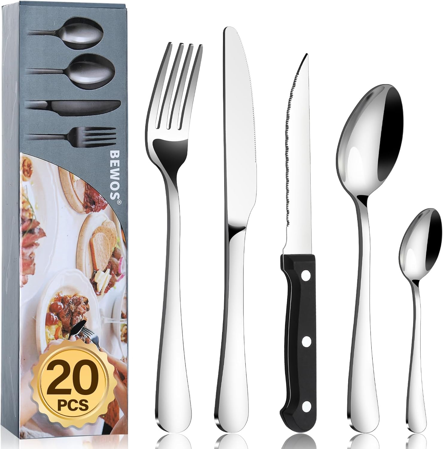 BEWOS 16-Piece Cutlery Set with 4 Triple Riveted Steak Knives ...