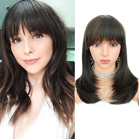 Amazon.com : Kalyss Black Wigs with Hair Bangs Medium Long Straight ...