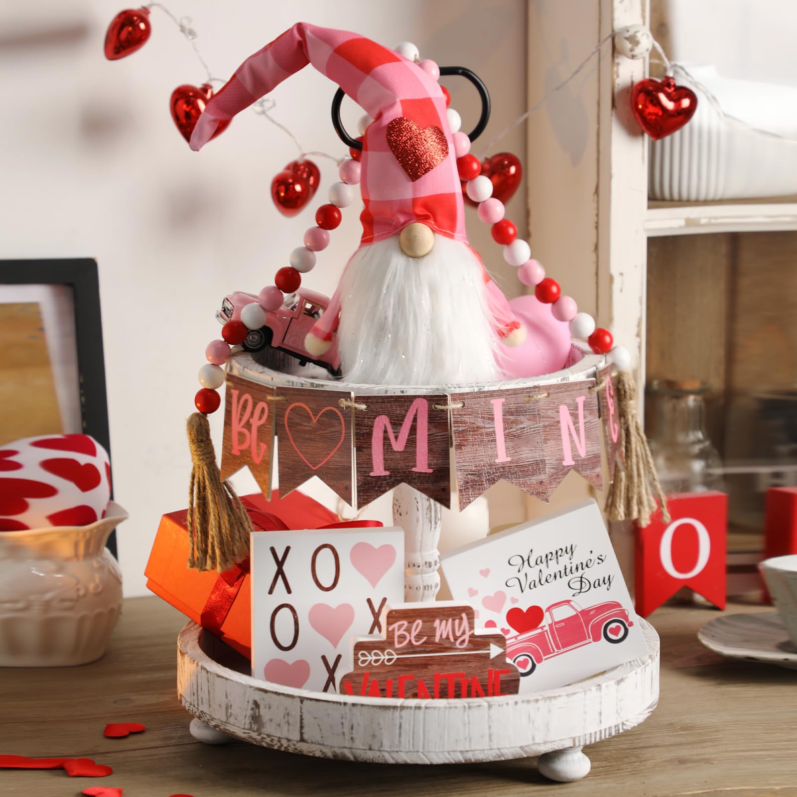 Valentine's Day Tiered Tray Décor Set of 6, XOXO Wood Sign, Gnome Plush ...