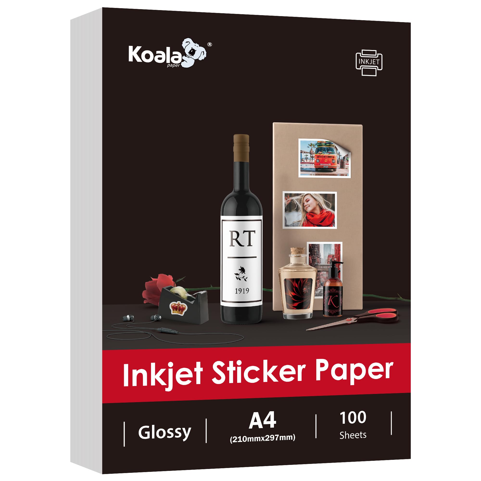 Koala Printable Glossy Sticker Paper for Inkjet Printer, White, A4 Size ...