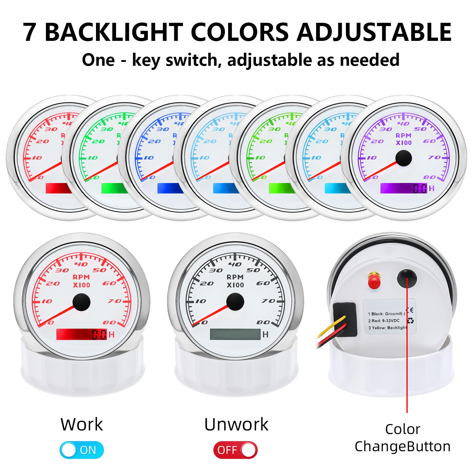 Snapklik.com : Tachometer Gauge 7 Color 0-8000 RPM Tacho Meter 85mm 3 3 ...