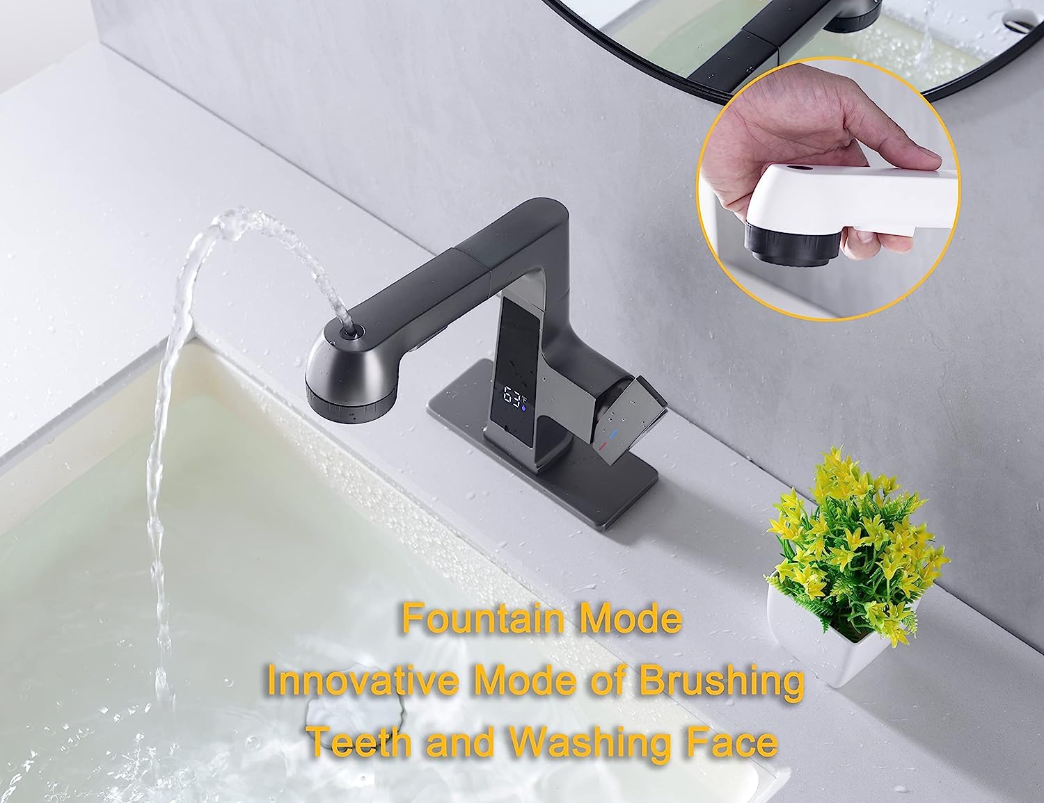 Qeemee Bathroom Sink Faucet with Pull Out Sprayer, Grey LED Temperature ...