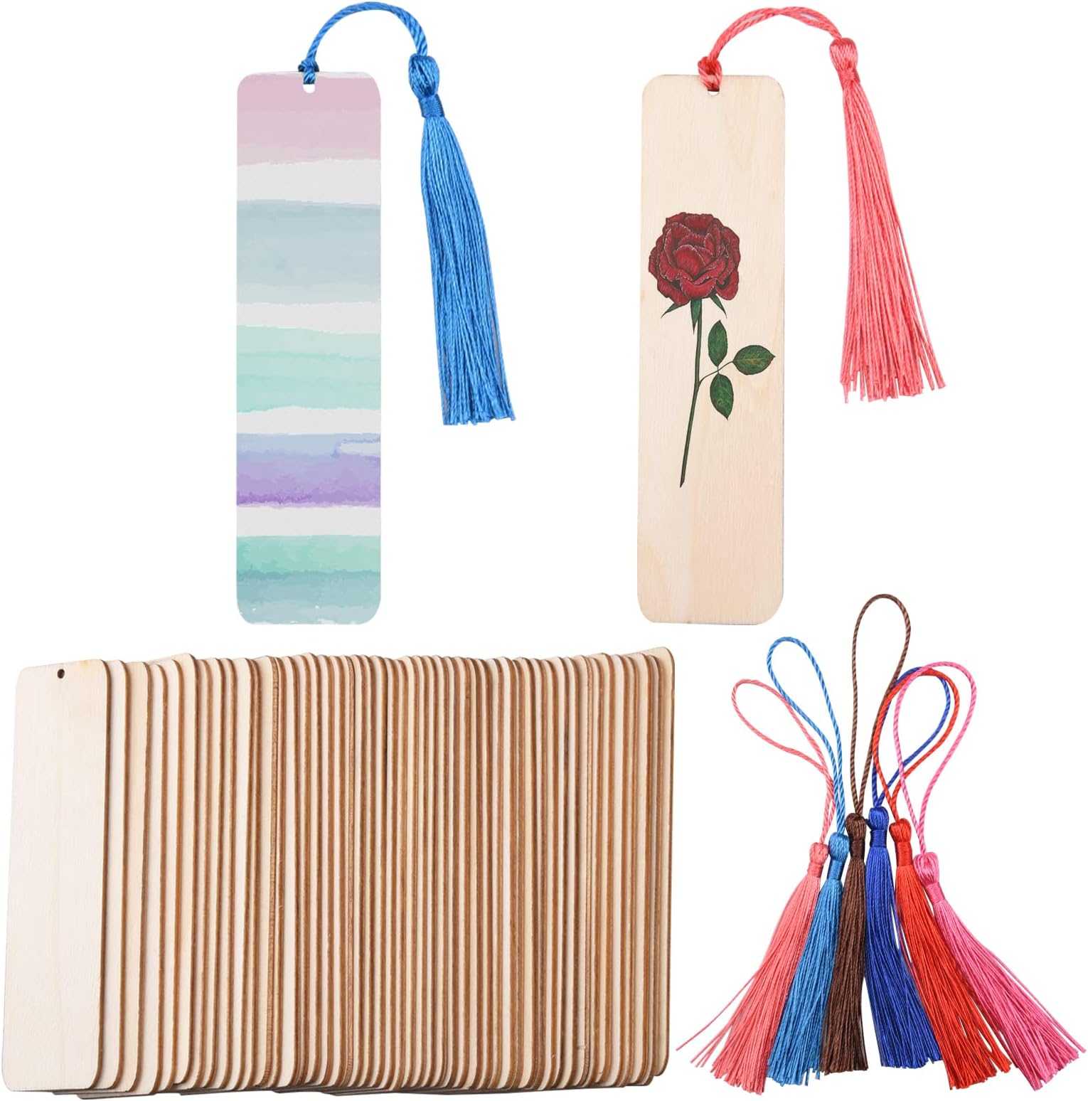 Lot de 100 marque-pages vierges en bois brut avec trous et 50 pompons ...