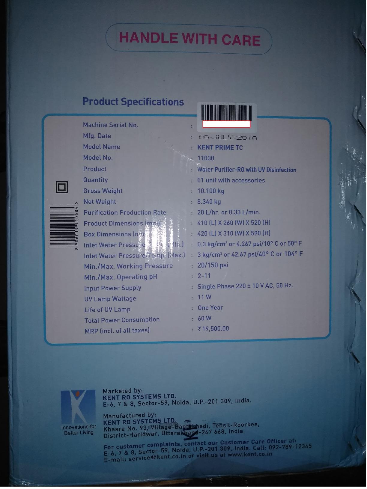 KENT 11030 Prime TC RO + UV + UF + TDS Controller 9 L | 20 L/hr Water ...