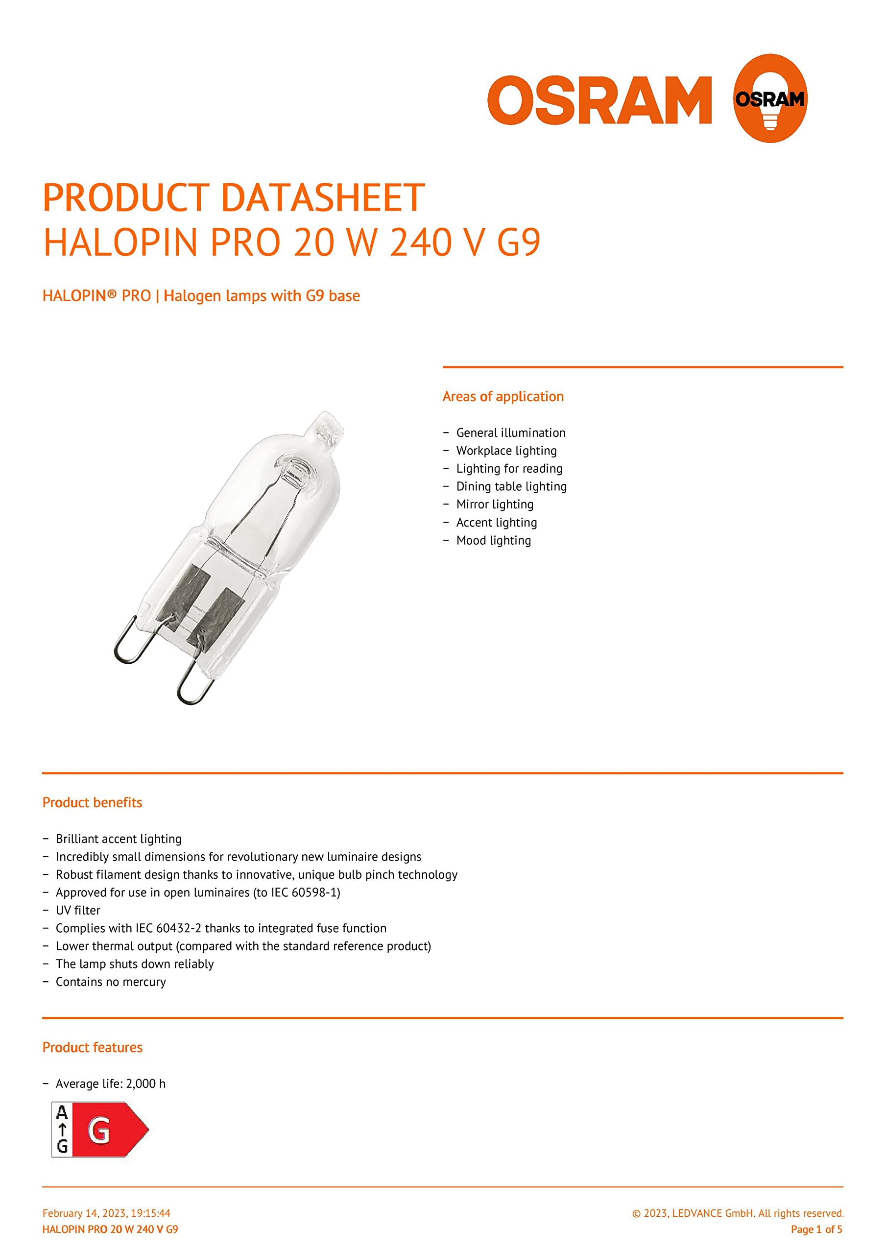 Lot de 10 - Osram ampoules halopin pro halogène G9 20W 230V 66720 ...