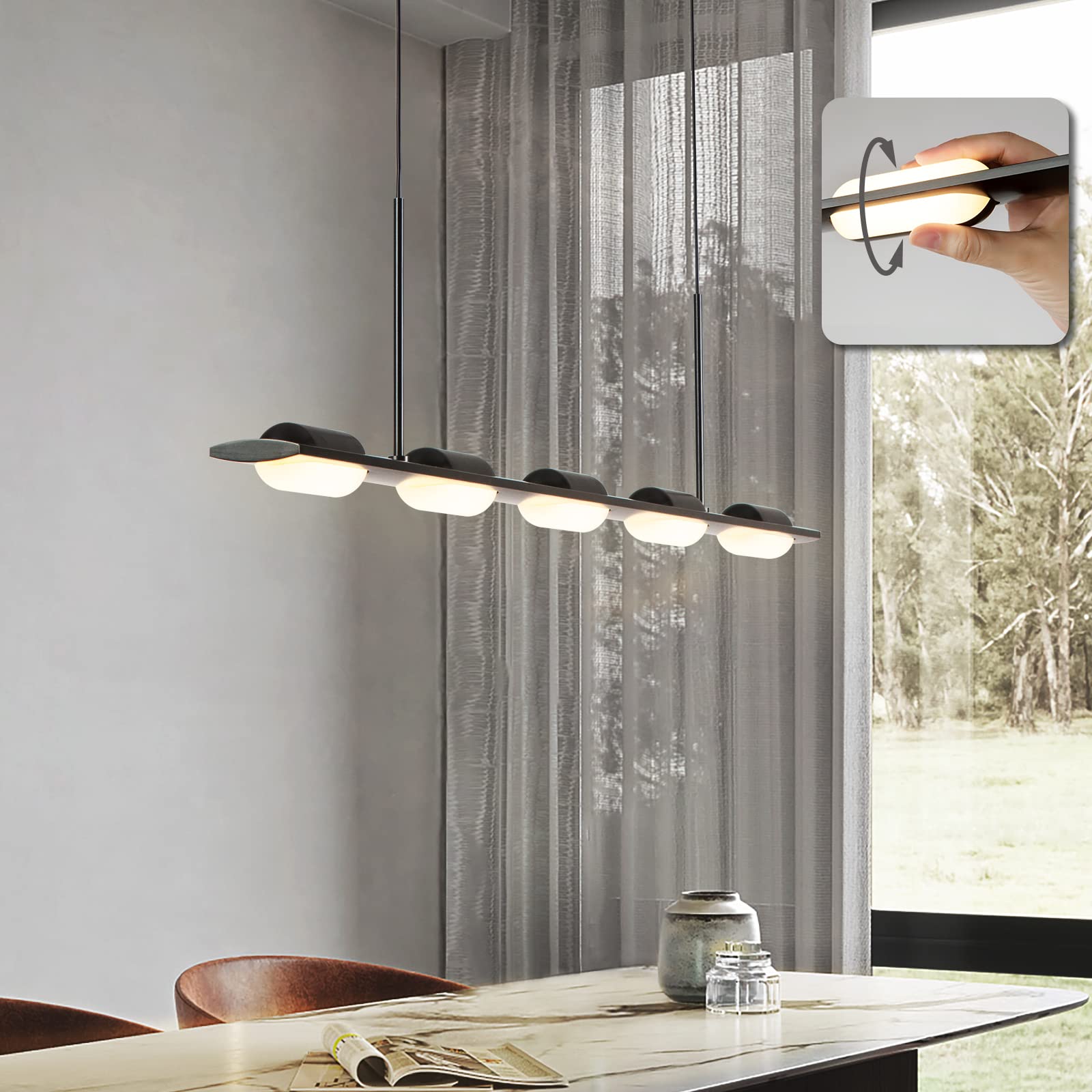 Tubicen Linear Pendant Light, 5-Light Head Rotatable Kitchen Island ...