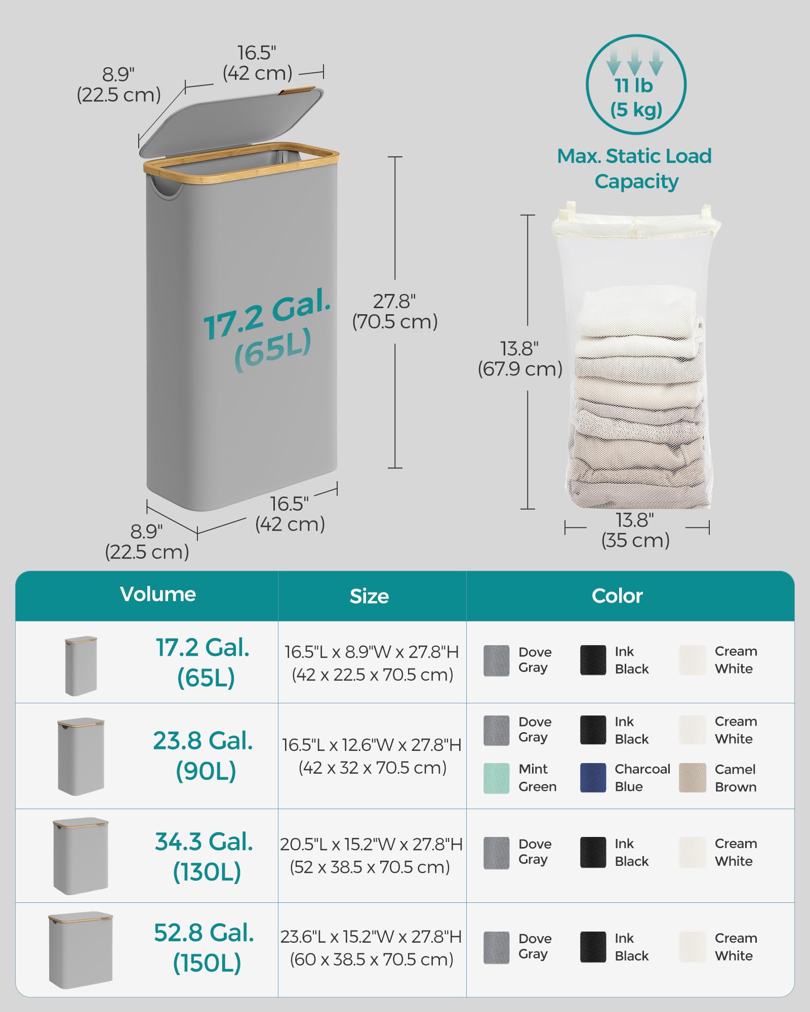 SONGMICS Laundry Hamper with Lid, Slim Laundry Basket, 17.2 Gallons ...