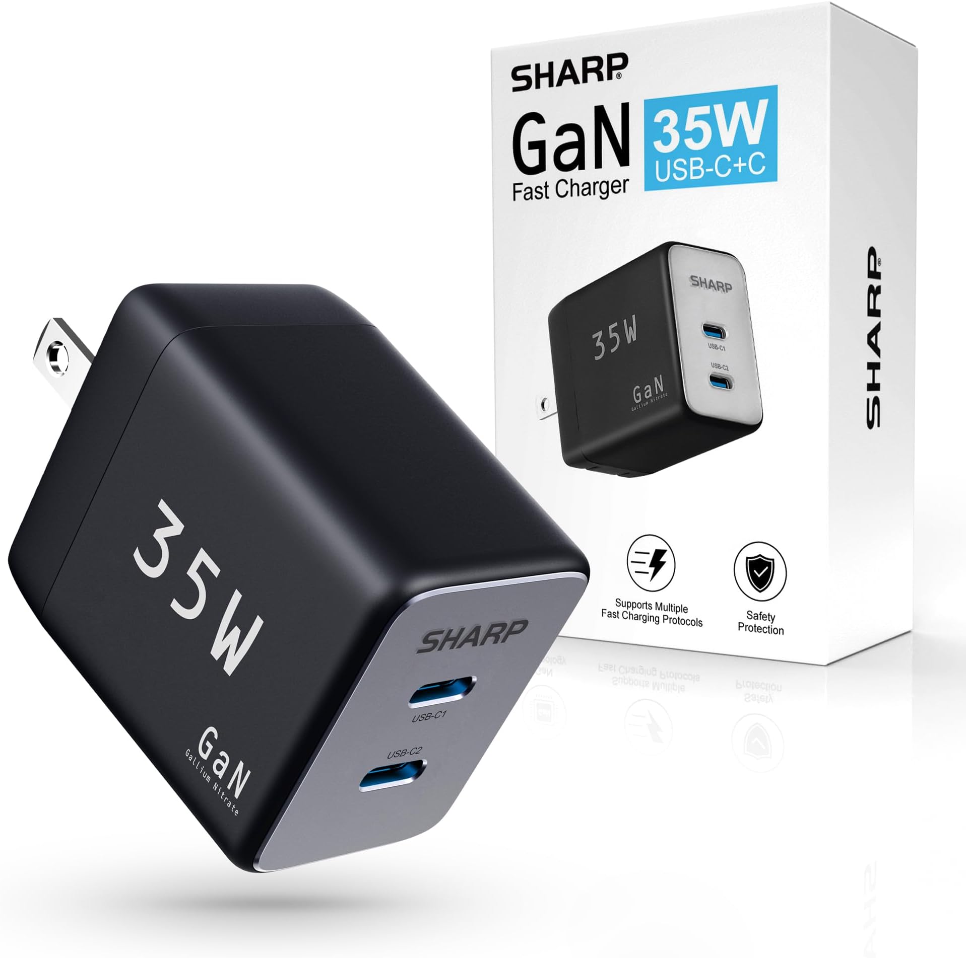 Amazon.com: Sharp USB C Charger - 35W, Dual Port (2 USB-C) Compact Foldable GaN Fast Charge for ...