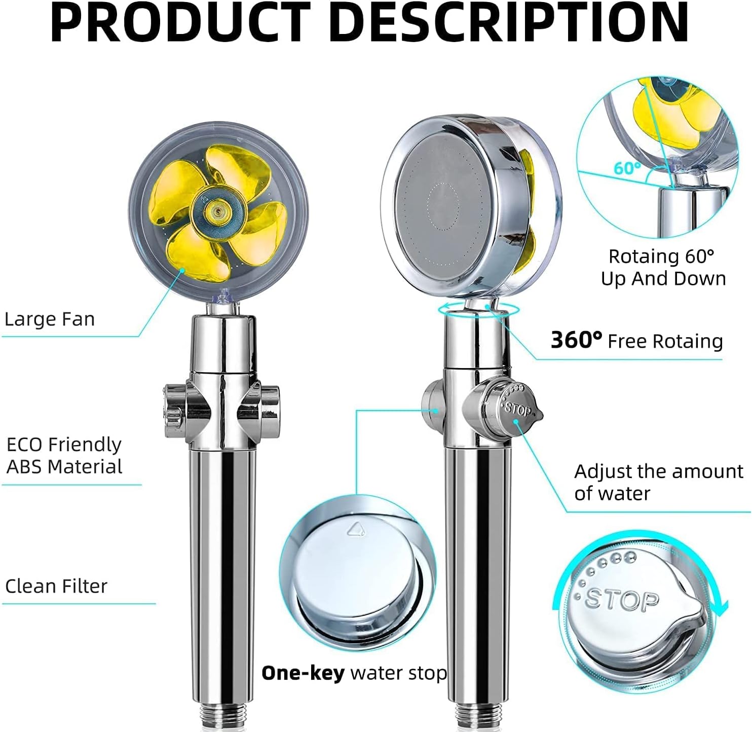 High Pressure Water Saving Shower, 360 Degrees Rotating Propeller ...