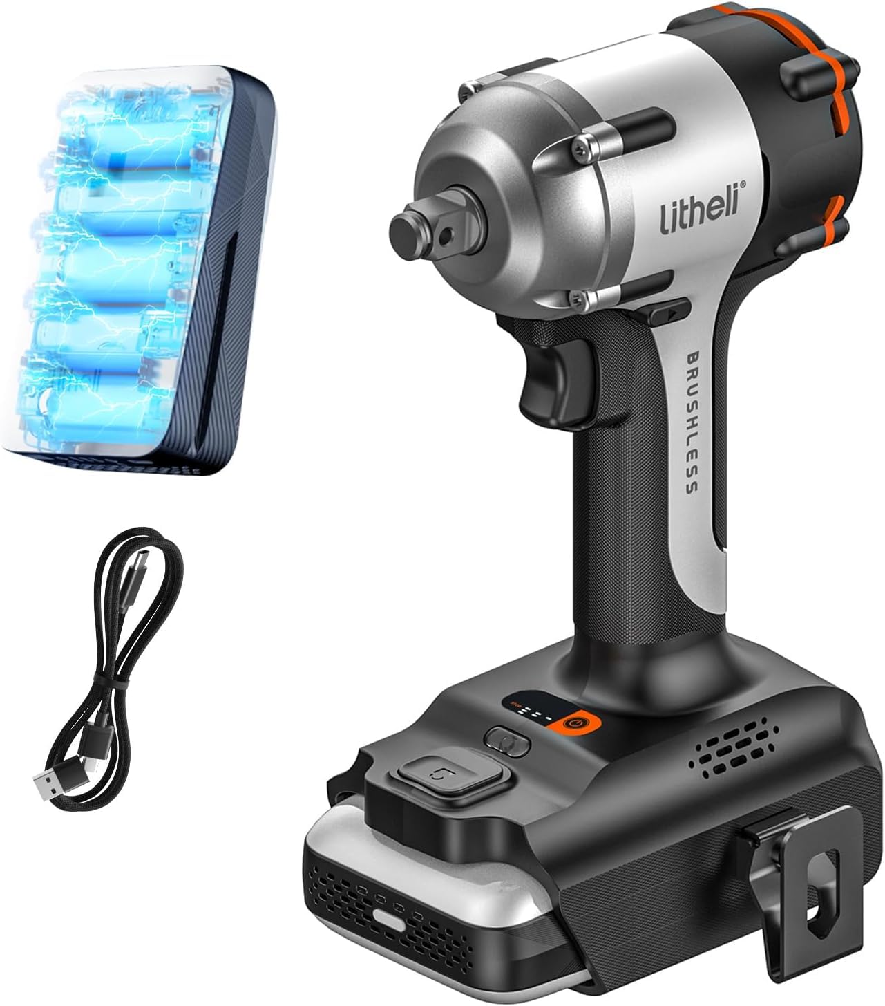 Litheli Cordless Impact Wrench 1/2 inch, 330 Ft-lbs(450N.m) Brushless High Torque Impact Gun ...