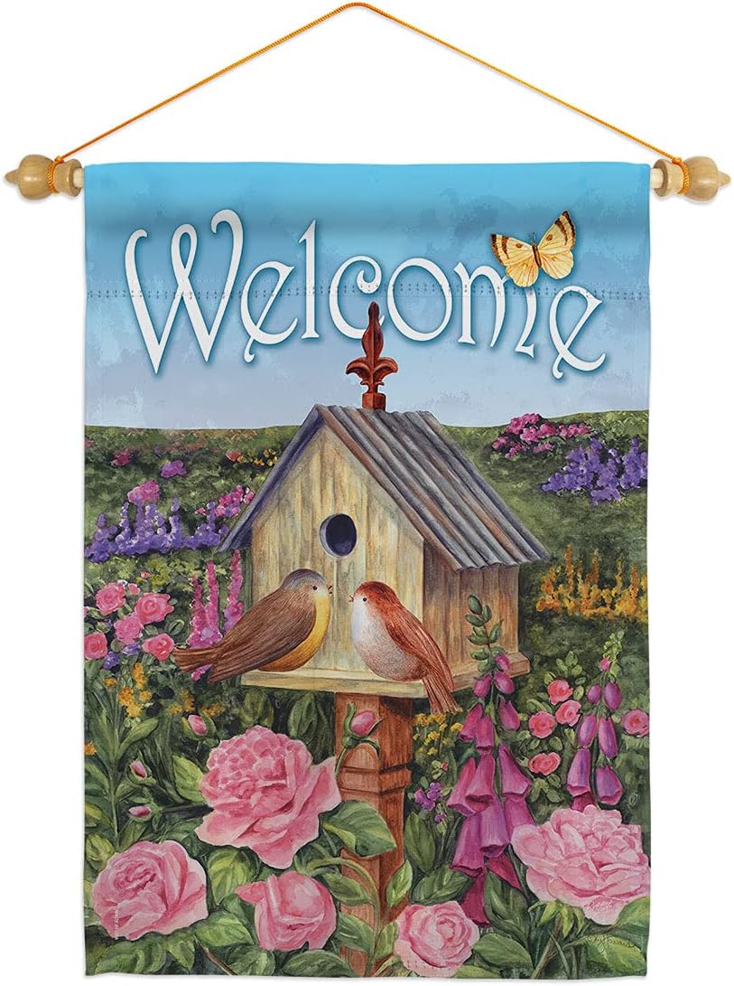 Amazon.com : Breeze Decor Welcome Bird House Garden Flag Set Wood Dowel ...
