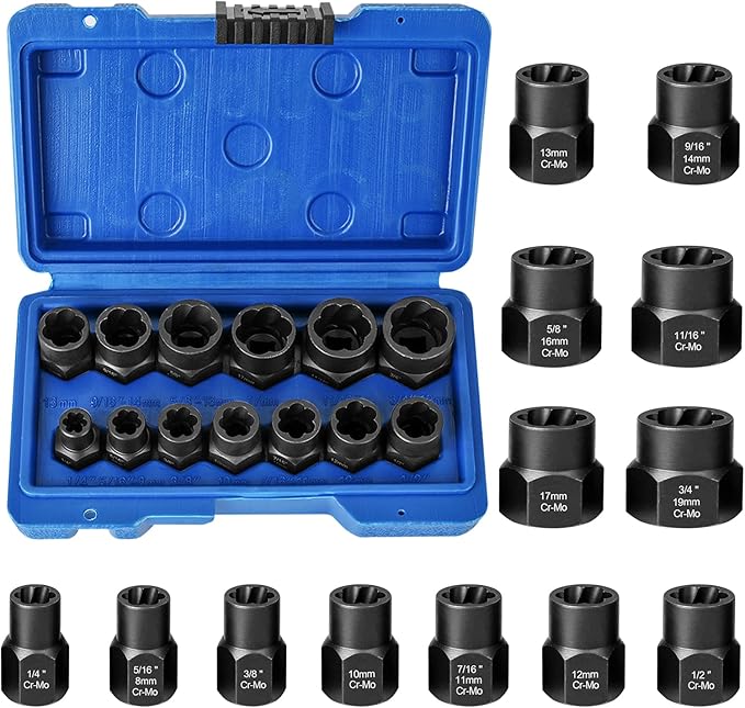 Bolt Extractor Set Hakkin 15Pcs Lug Nut Remover 3/8” Drive Impact Bolt ...