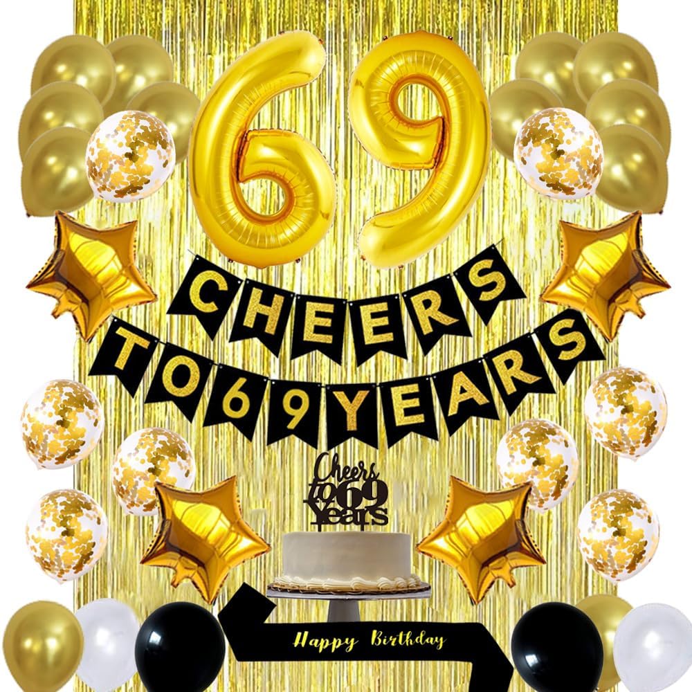 Amazon.com: Gold 69th Birthday Decorations Kit, Cheers To 69 Years ...