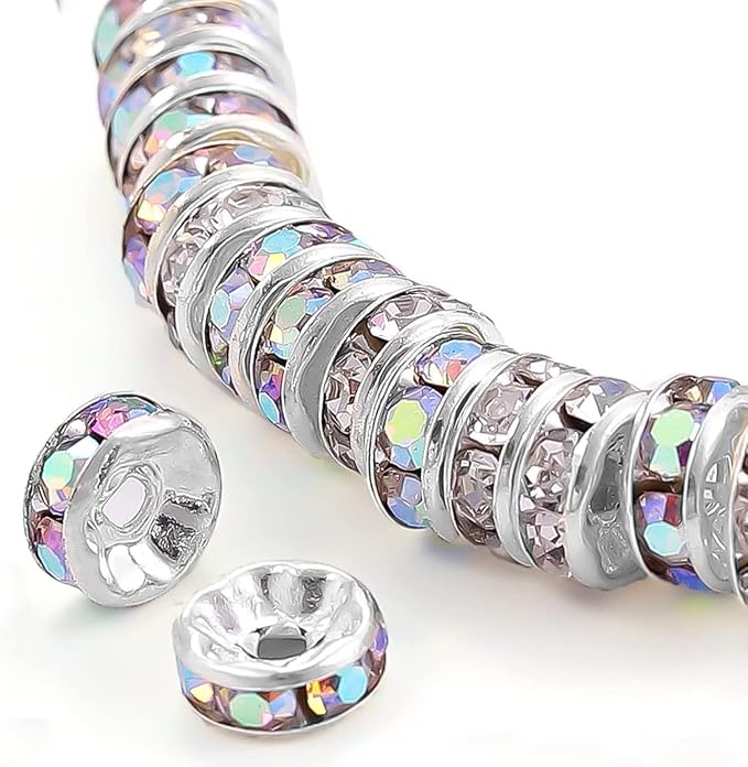 Amazon.com: 200Pcs 10mm Rondelle Spacer Beads Silver Plated AB Color Crystal Rhinestone for ...