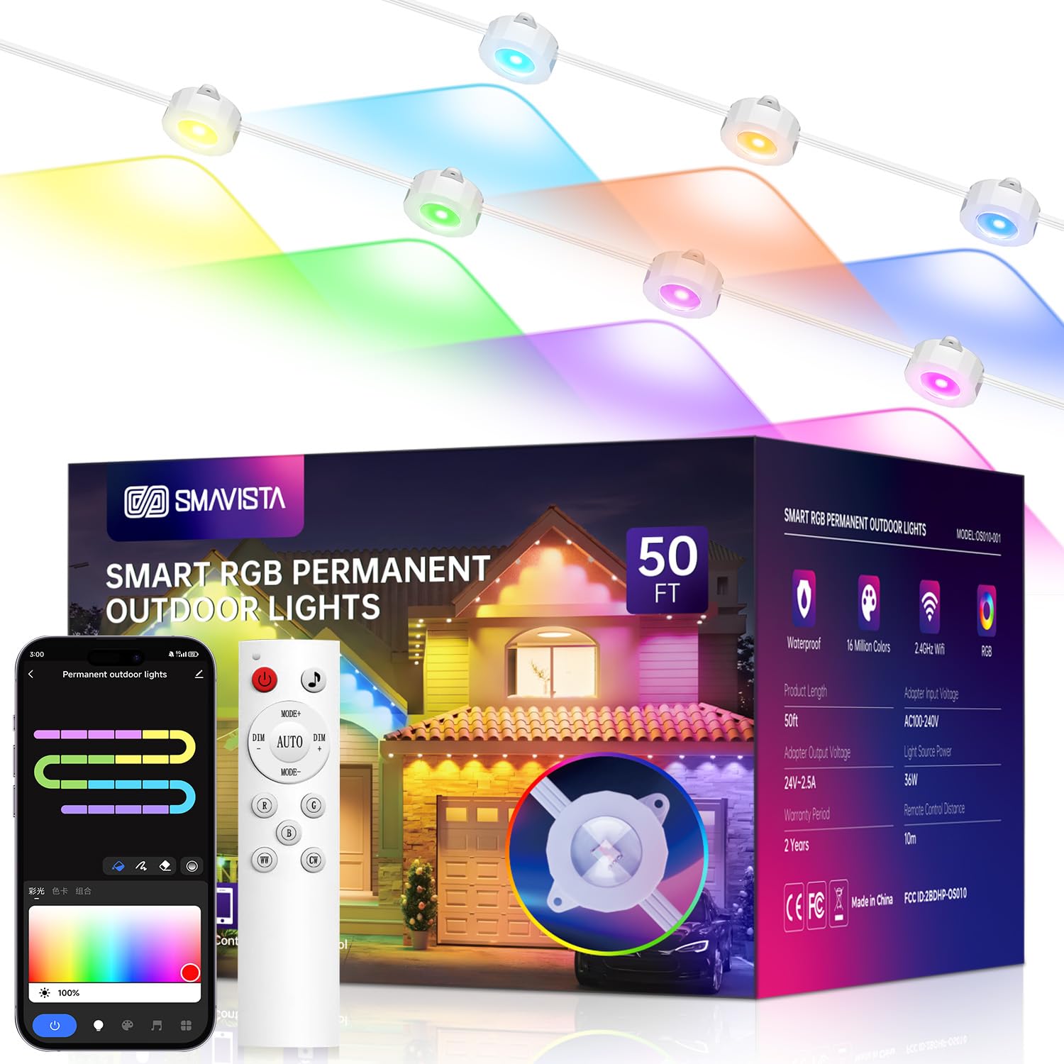 SMAVISTA Smart Permanent Outdoor Lights, 50ft with 36 LED RGB String ...