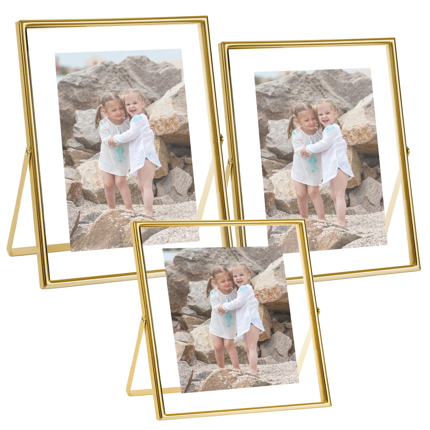 SAREAL Set of 3 Glass Photo Frames, Metal Gold Picture Frames for ...