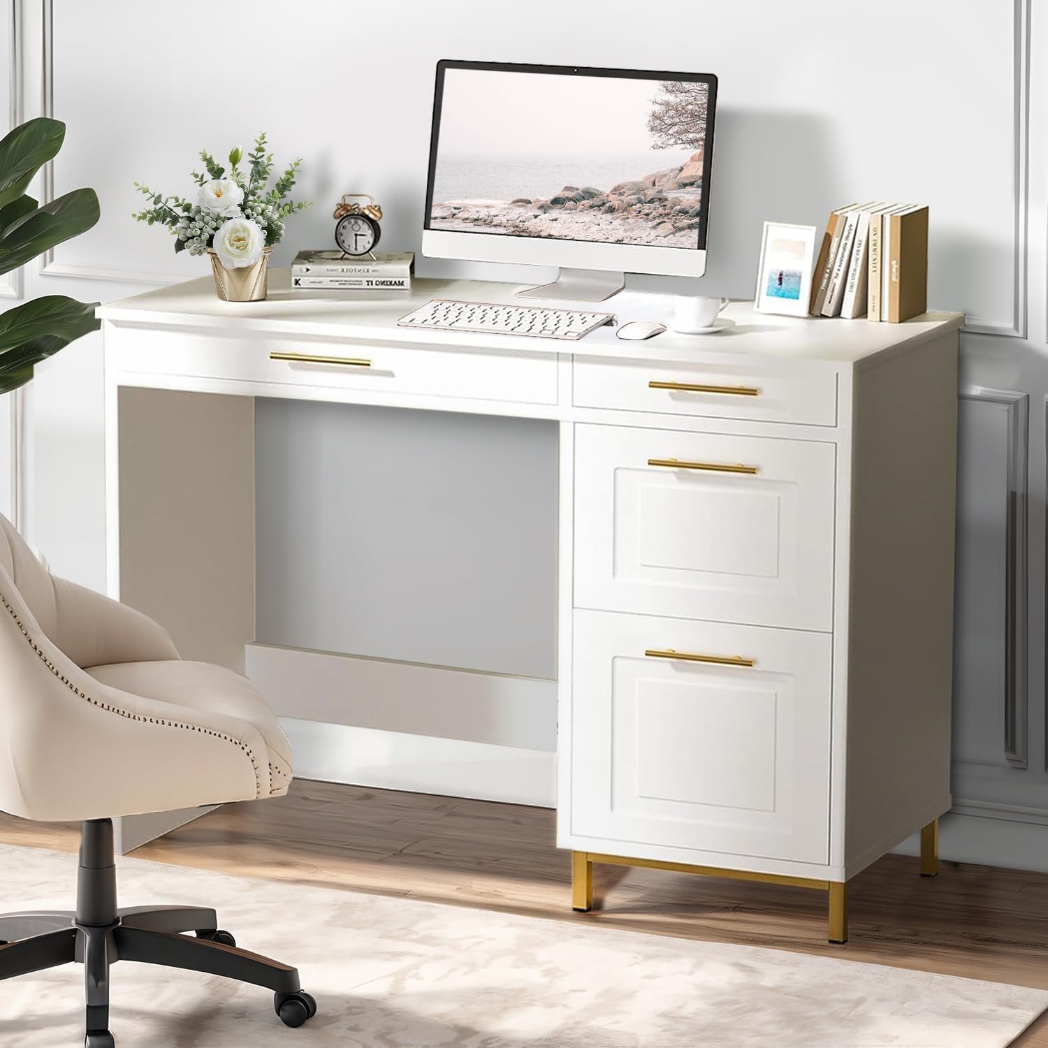 Amazon.com: 4 EVER WINNER White Desk with Drawers, 43” Home Office ...