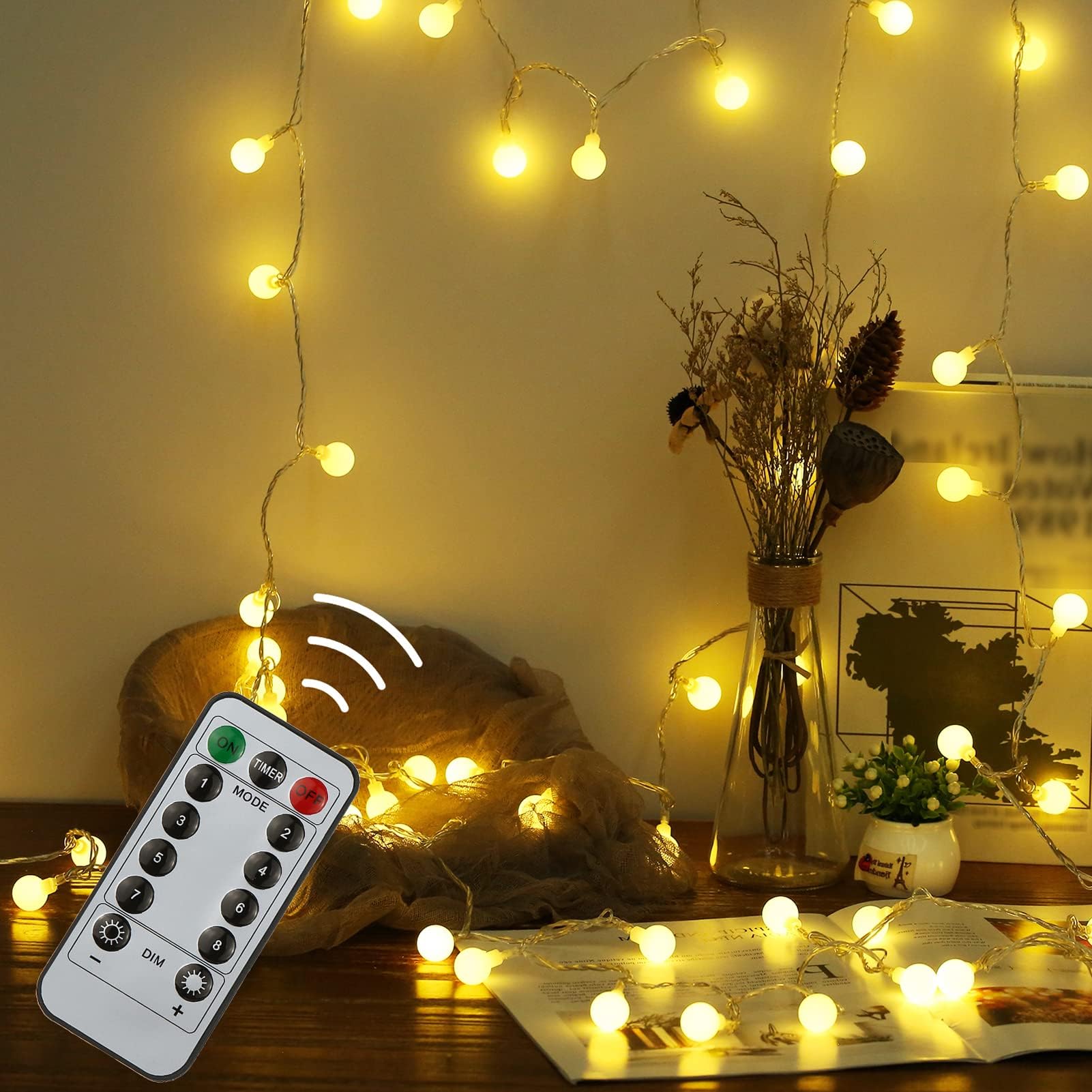 Globe String Lights Battery Powered 10M 80LEDs Warm White Fairy Lights ...