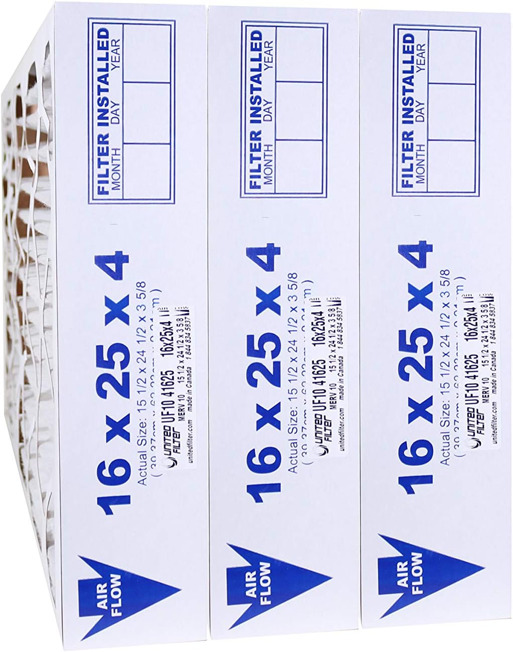 United Filter 16x25x4 MERV 10 Furnace Air Filters (Case of 3) - HVAC ...