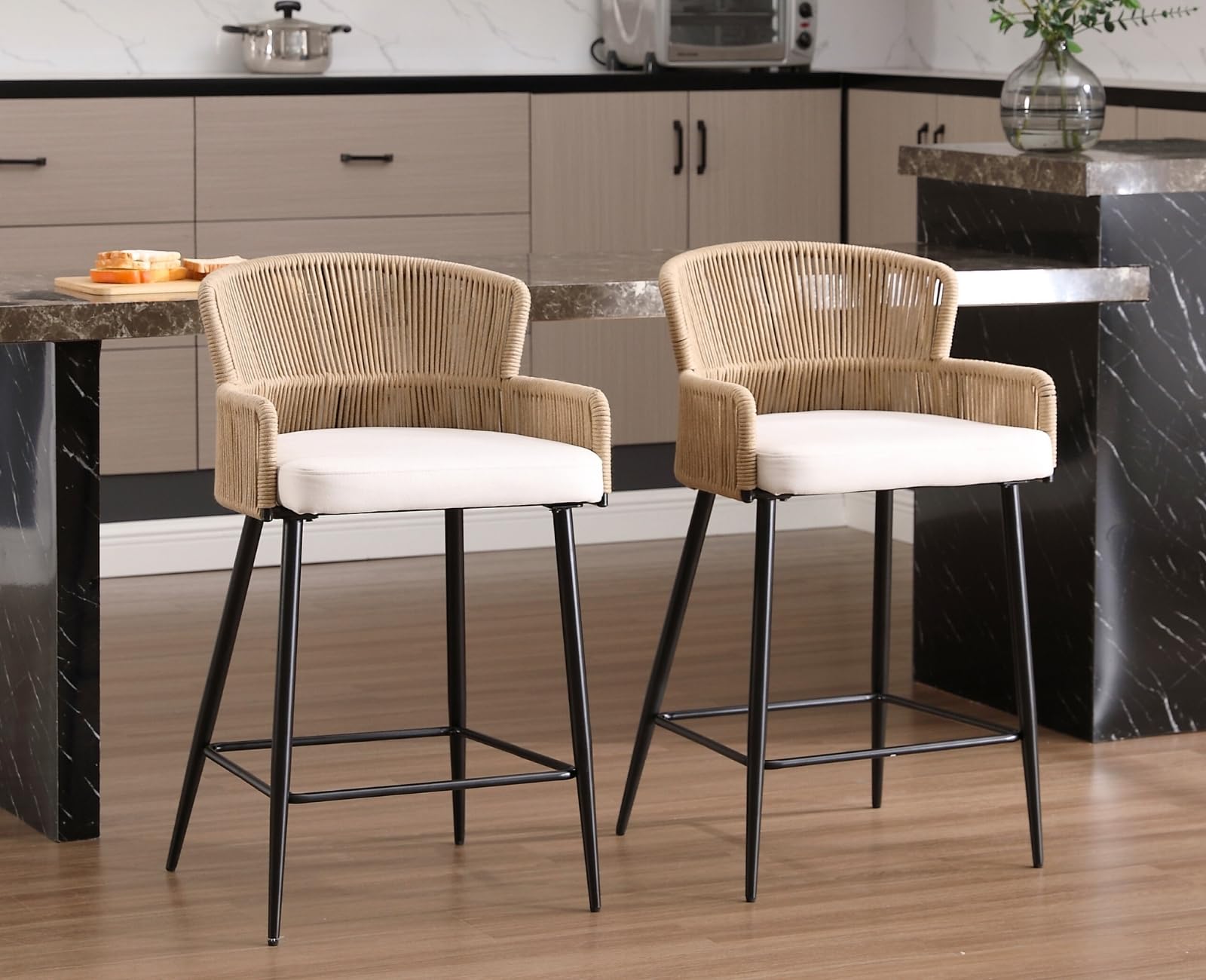 Amazon.com: ROCITY Woven Counter Height Bar Stools Set of 2 Beige Linen ...