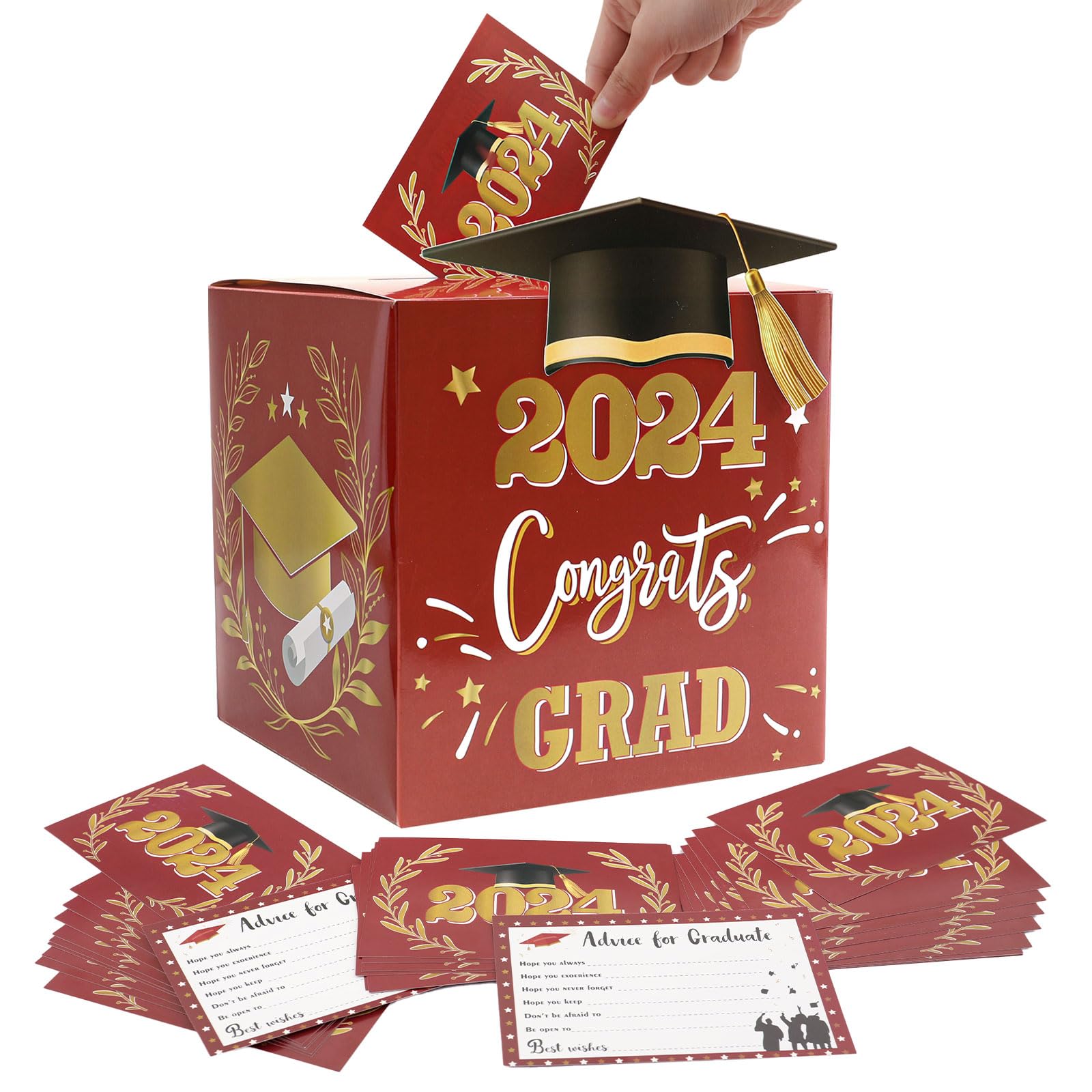 2024 Graduation Decoration-Red Gold Graduation Cap Card Box Money ...