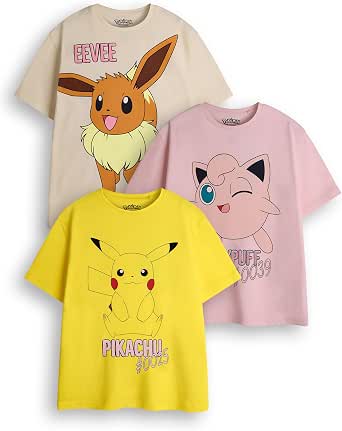 Amazon.com: Pokemon Girls T-Shirt Pack of 3 | Yellow, Pink & Brown ...