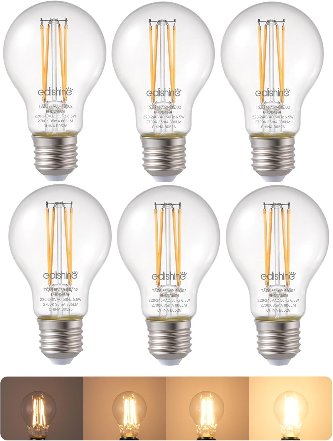 EDISHINE 6 Pack E27 Dimmable LED Edison Bulbs, E27 LED Bulbs Large ...