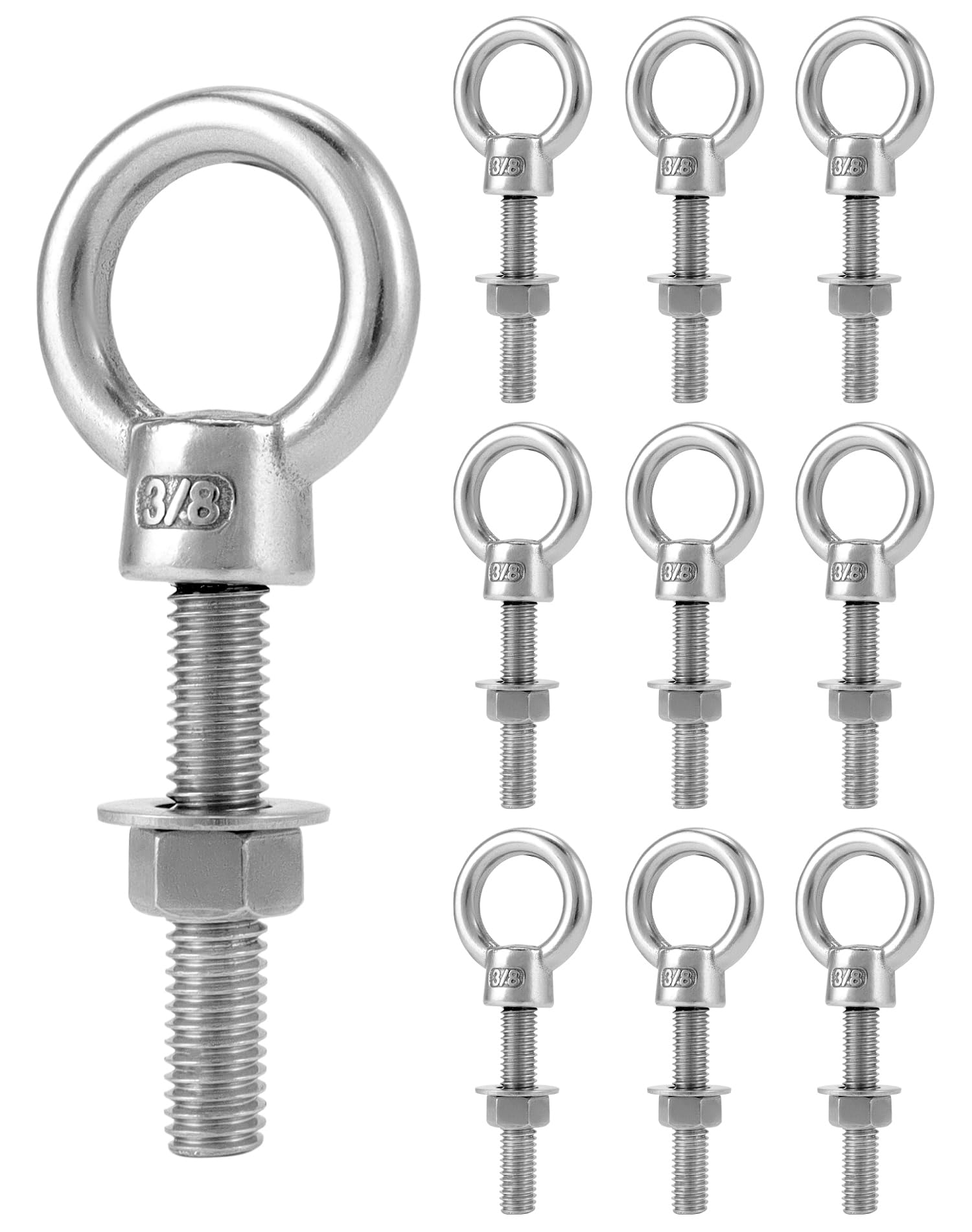 Snapklik.com : Threaded Eyebolts, 10 Pack 3/8" X 2" Long 304 Stainless ...