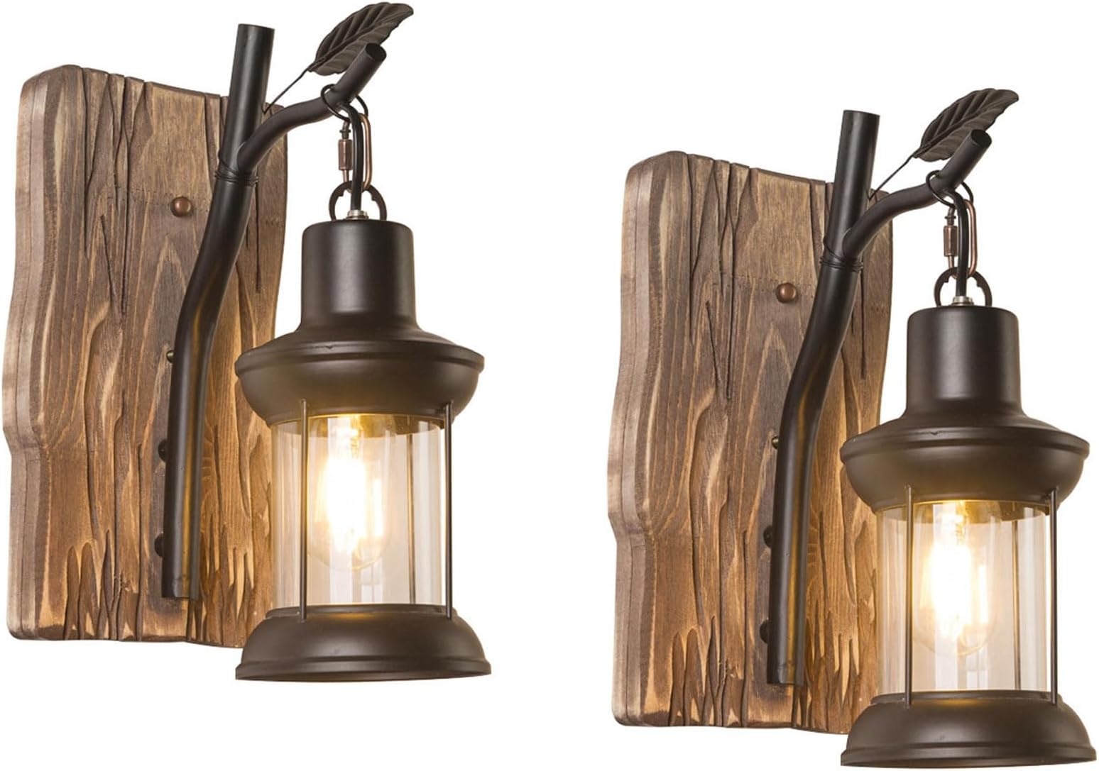 TIGKHAE 2Pcs Rustic Wooden Wall Light Fixtures, Black Finish Indoor ...