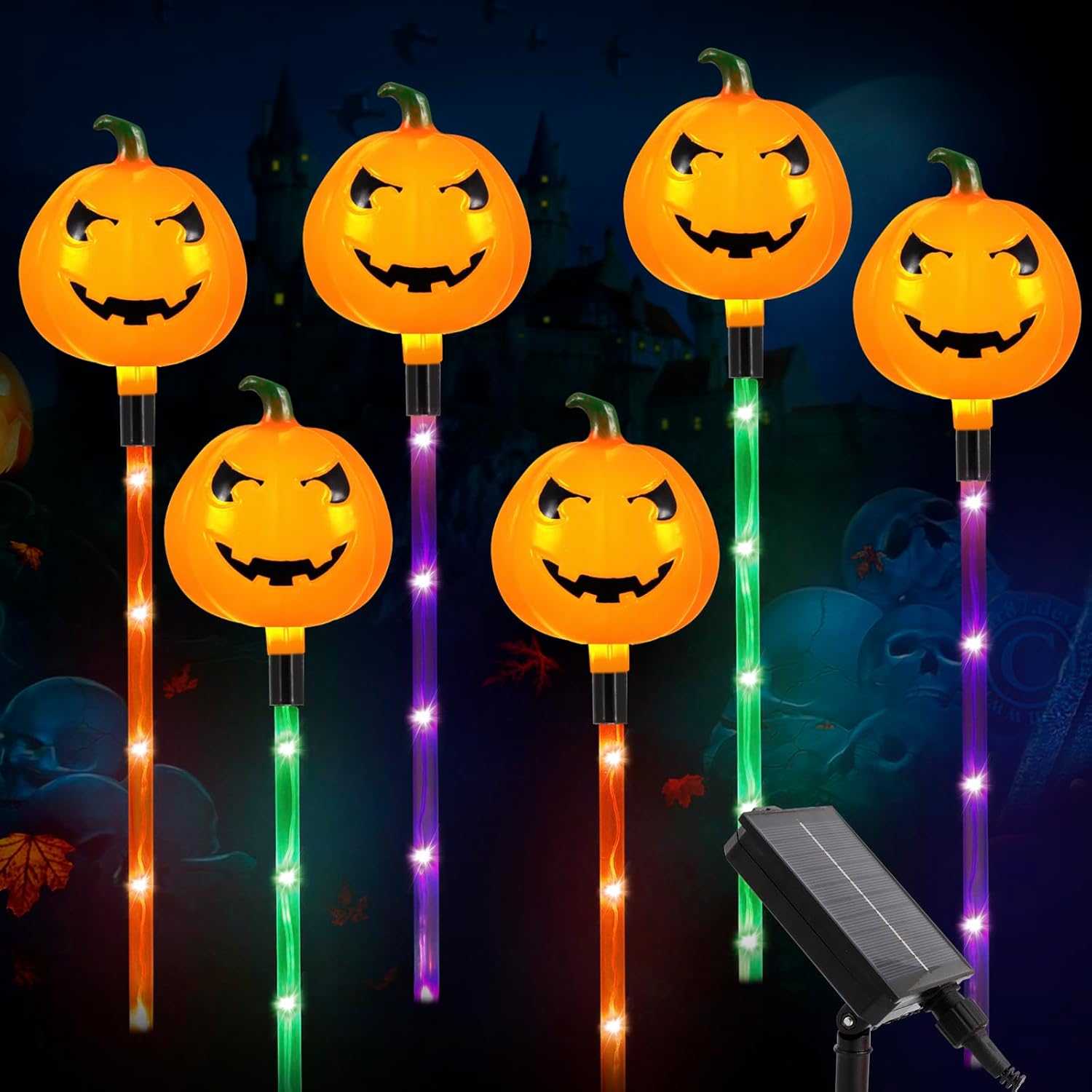 Set of 6 Pumpkin Solar Halloween Pathway Lights in Three Colors ...
