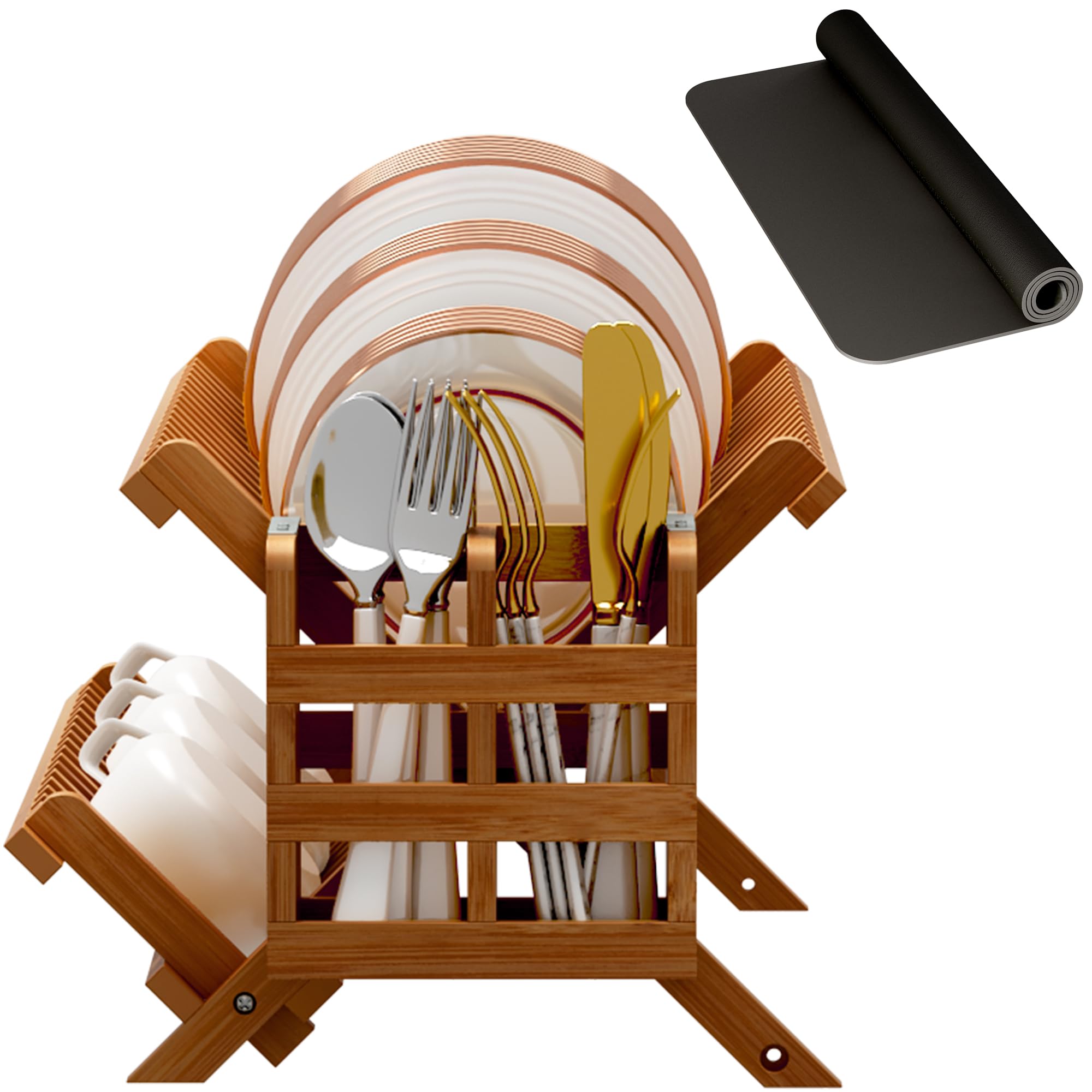 Greenual Teak Dish Drying Rack with Utensil Holder, 2 Tier Collapsible ...