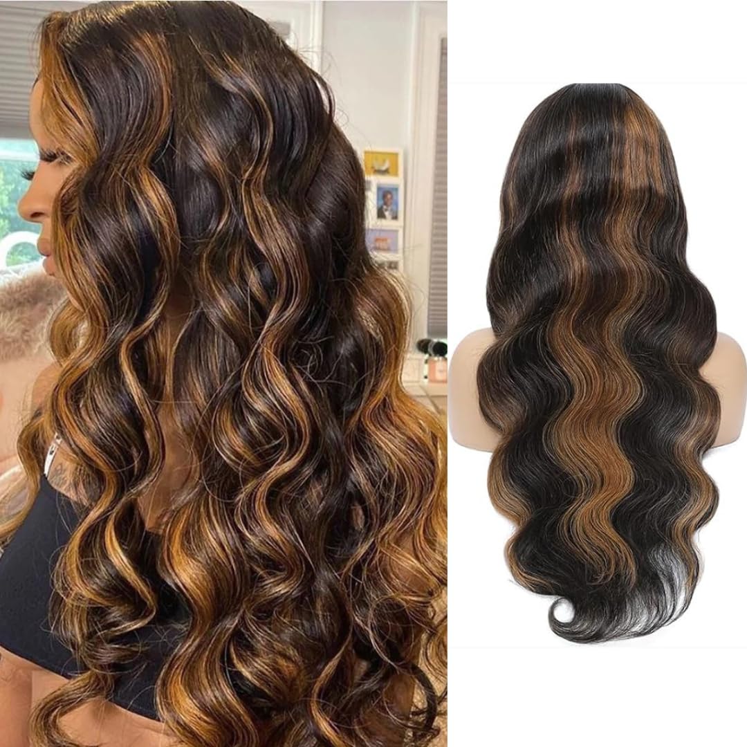 Amazon.com : ALHER #F1B/30 Balayage Highlight Lace Frontal Wig Human Hair Body Wave, Ombre Brown ...