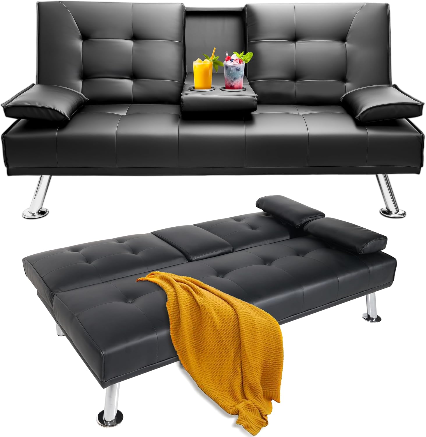 Amazon.com: B Futon Sofa Bed, Modern Faux Leather Futon Sofa Bed with 2 ...