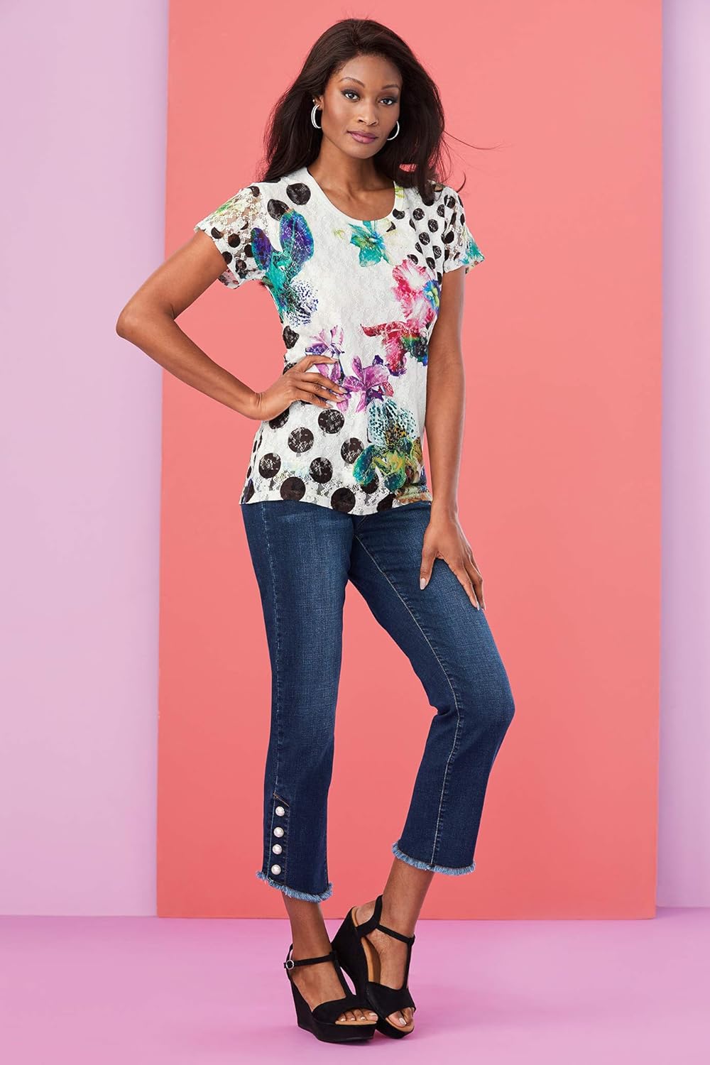 metrostyle Womens Short Sleeve Lace Overlay Tee Multi at Amazon Women’s ...