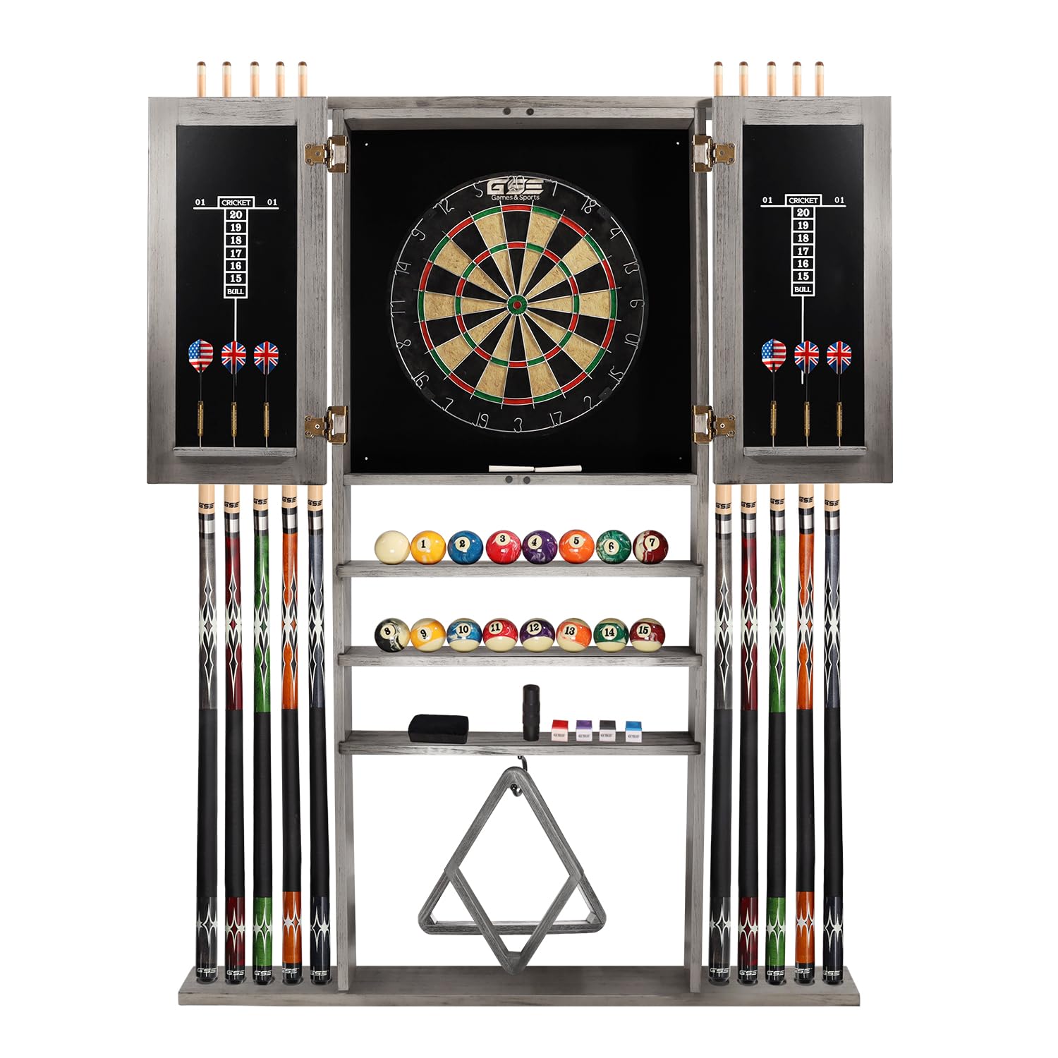 GSE 10 Billiard Pool Cue Rack & Dart Board Cabinet Combination, Wall ...