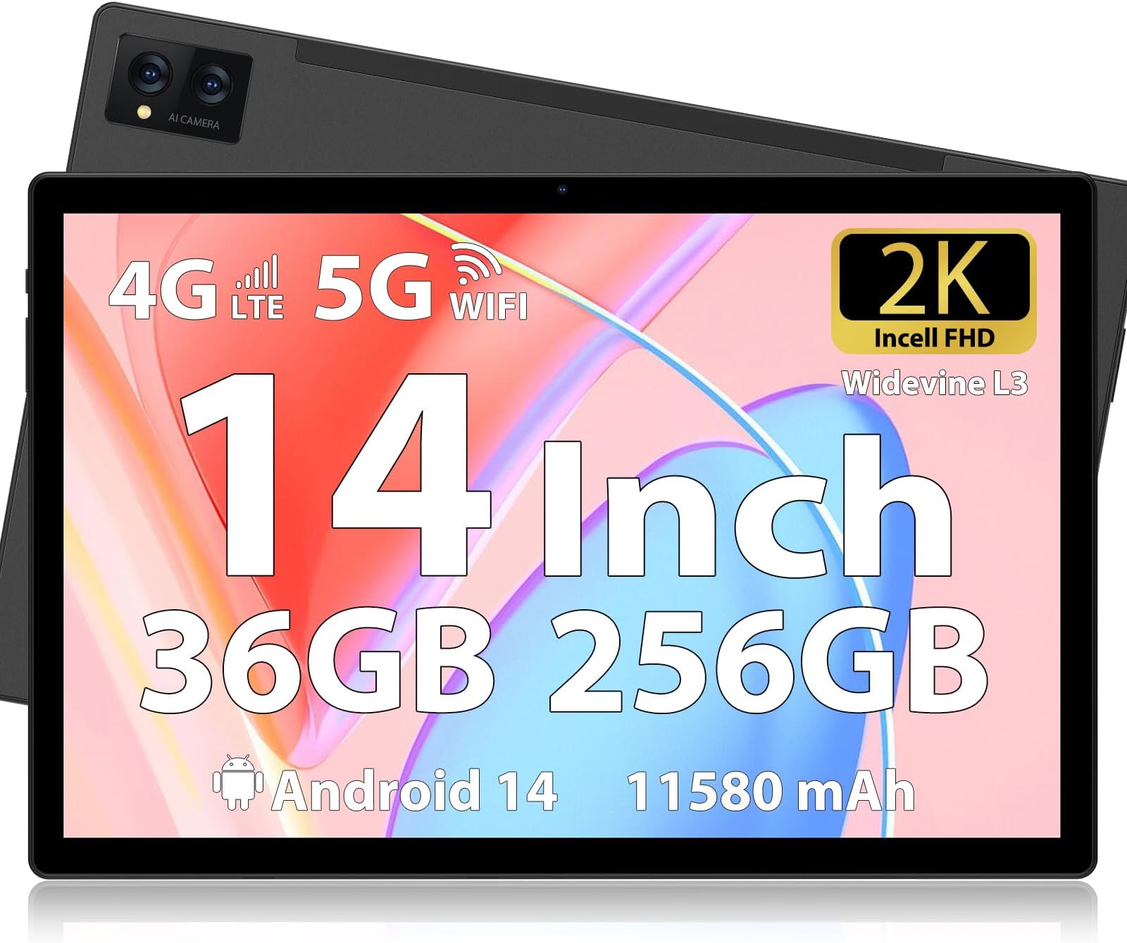 FLYCOAY Tablet 14 inch Android 14 Tablets, 256GB ROM(Expand to 2TB ...