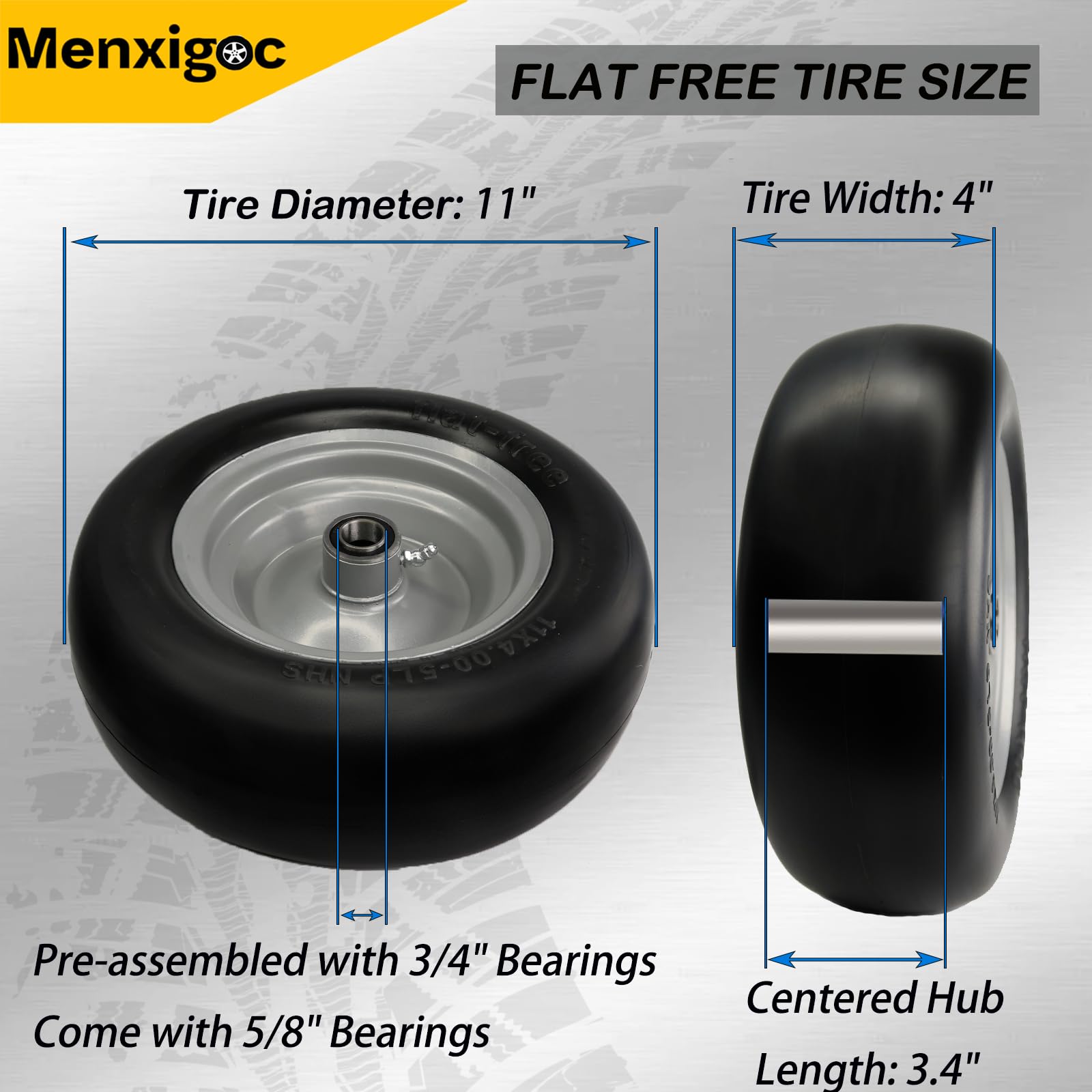 11x4.00-5" Lawn Mower Tires, 11x4-5" Flat Free Tires and Wheel, Zero ...