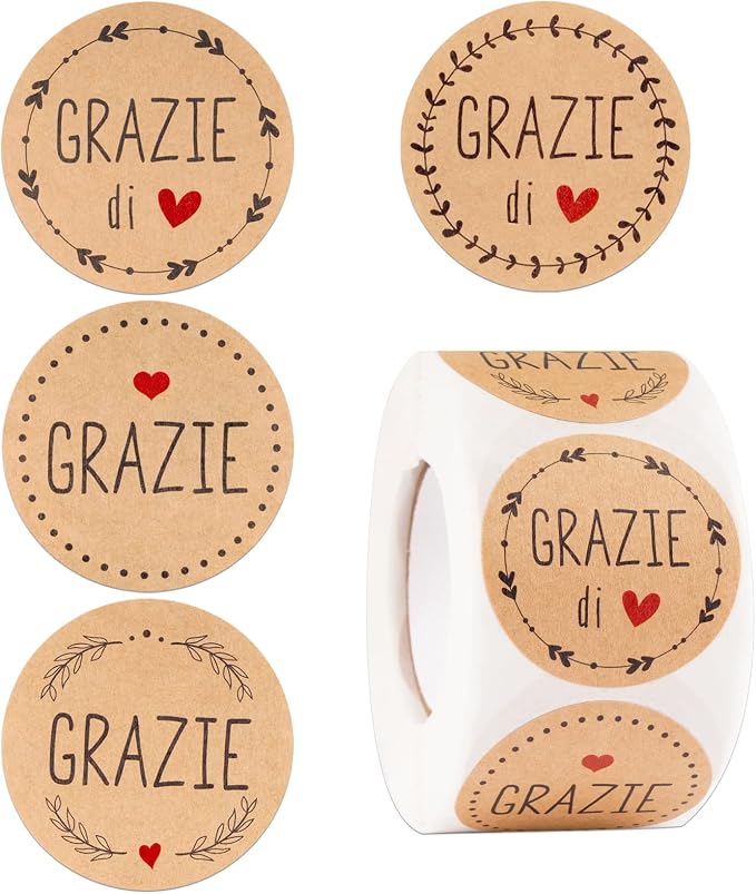 500pz 4cm Adesive GRAZIE, Etichette Adesivi Grazie di Cuore Rotonde ...