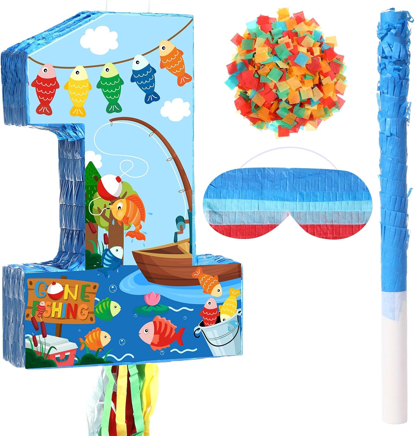 Amazon.com: Aoriher Gone Fishing Piñata Ofishally One Birthday Game Set ...