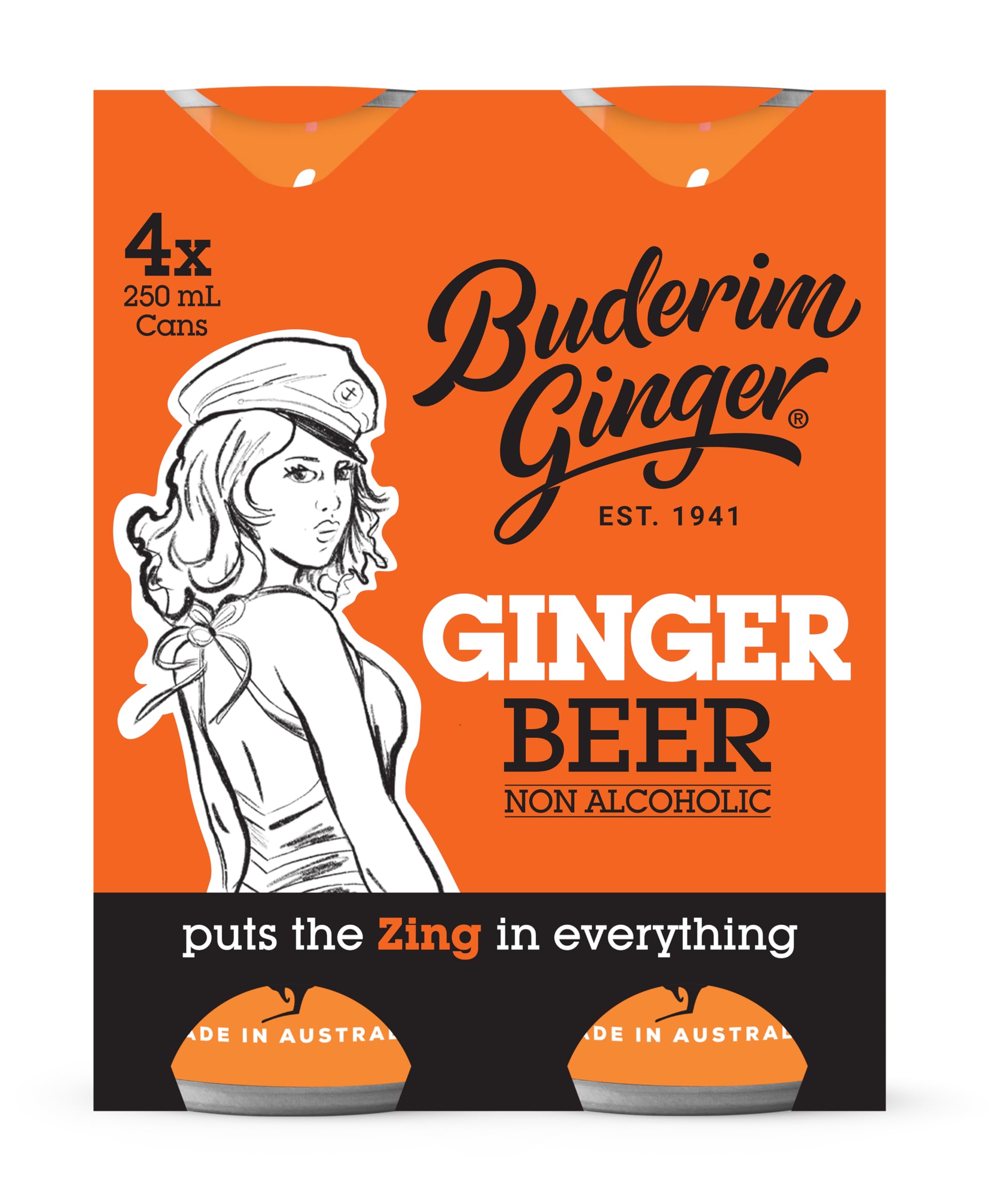 Buderim Ginger Non-Alcoholic Ginger Beer, 4 x 250 mL cans, Made with ...