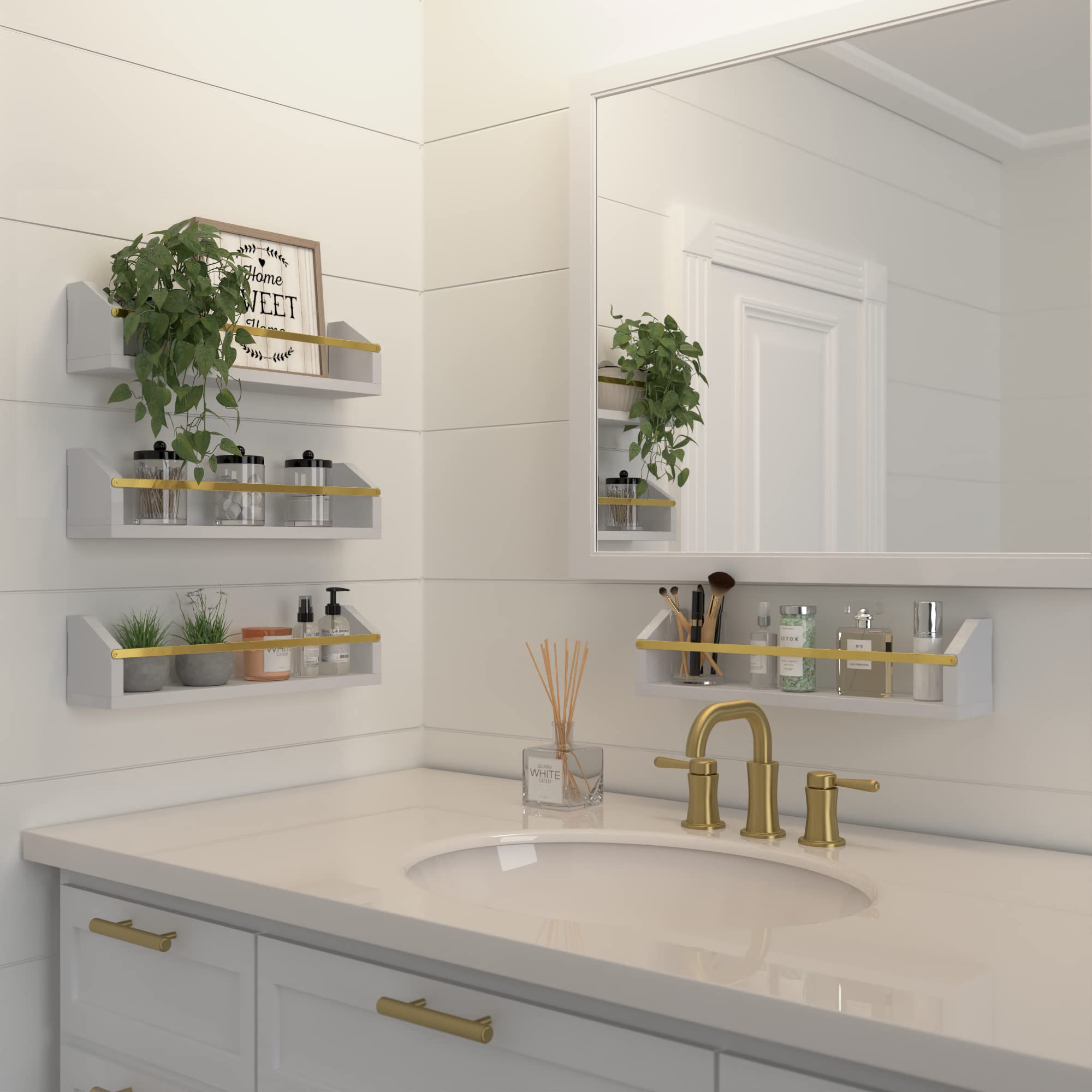 WOPITUES Floating Shelves with Protective Metal Rail, Small Bathroom ...