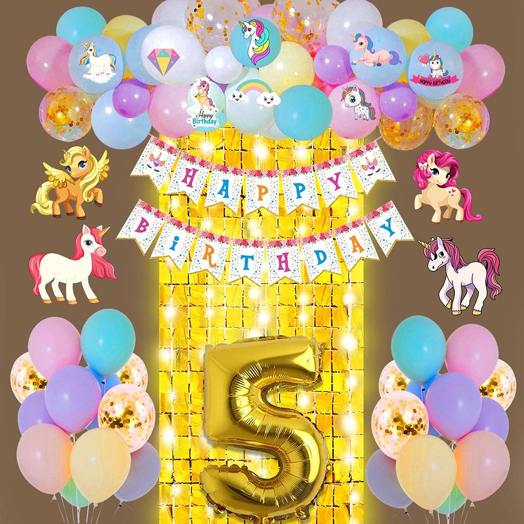 Party Propz Unicorn Theme 5th Birthday Decorations - 63Pcs, 5 Years ...